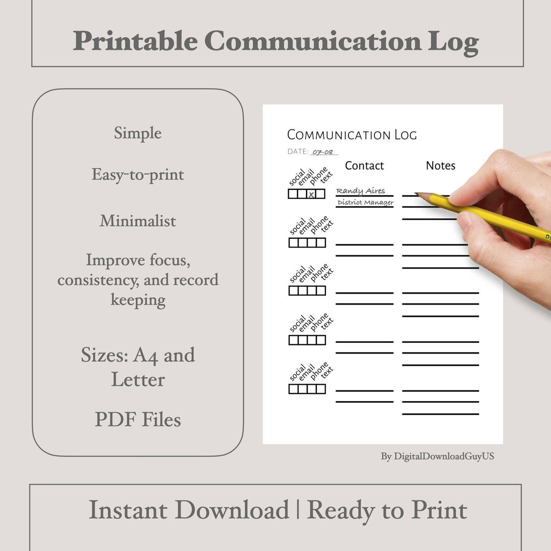 Minimalist Printable COMMUNICATION LOG DOWNLOAD Call Tracking Phone ...