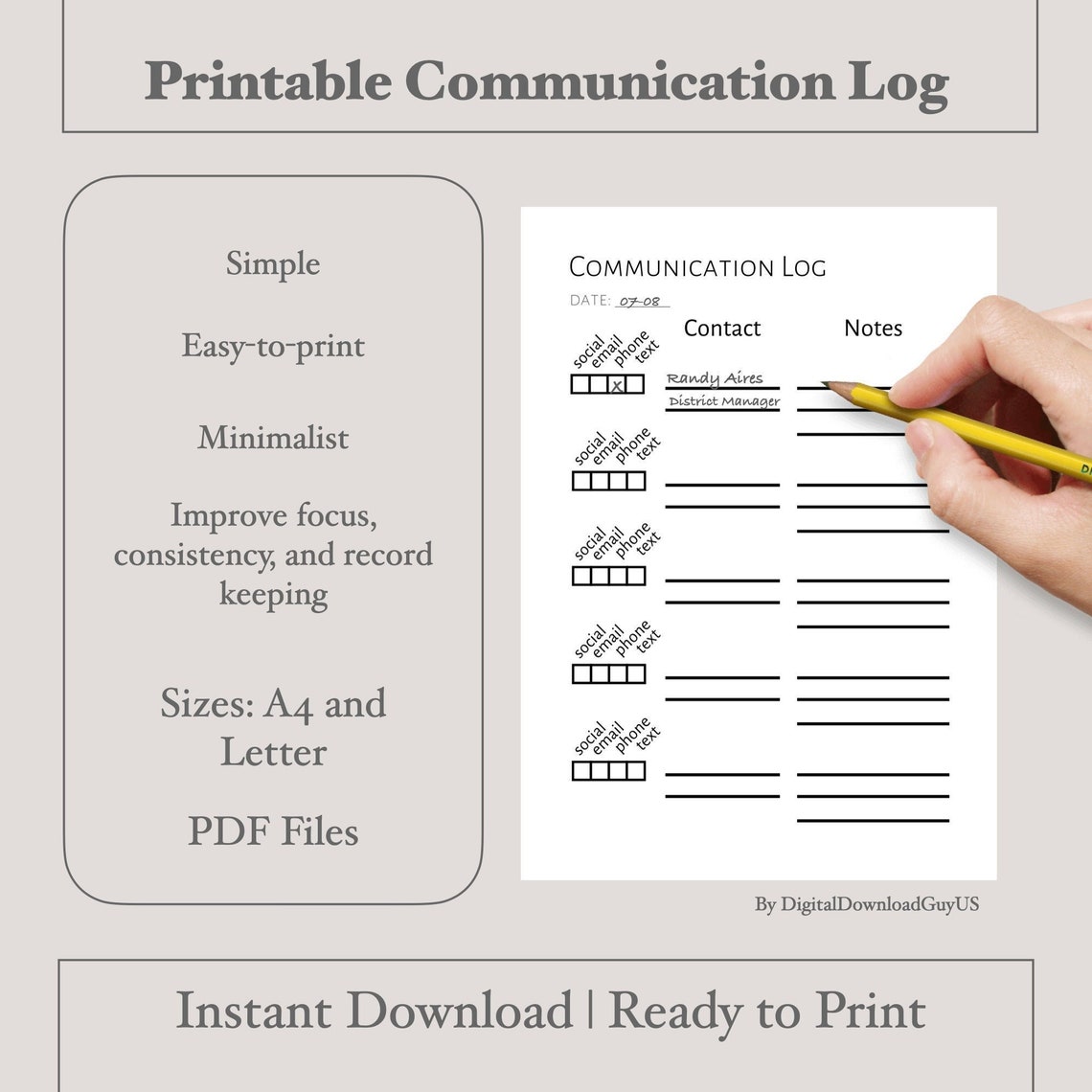 Minimalist Printable COMMUNICATION LOG DOWNLOAD Call Tracking Phone ...