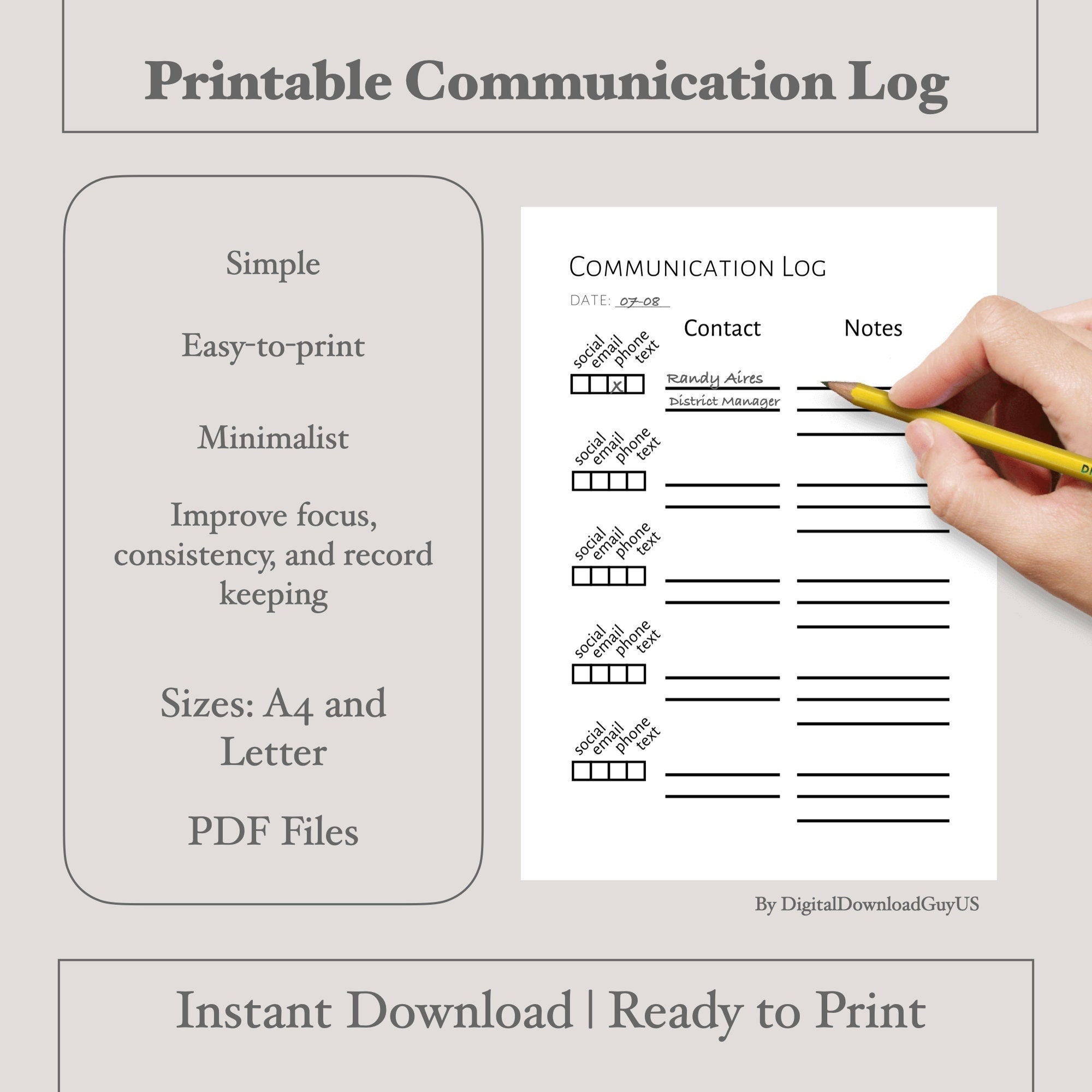 Minimalist Printable COMMUNICATION LOG DOWNLOAD Call Tracking Phone ...