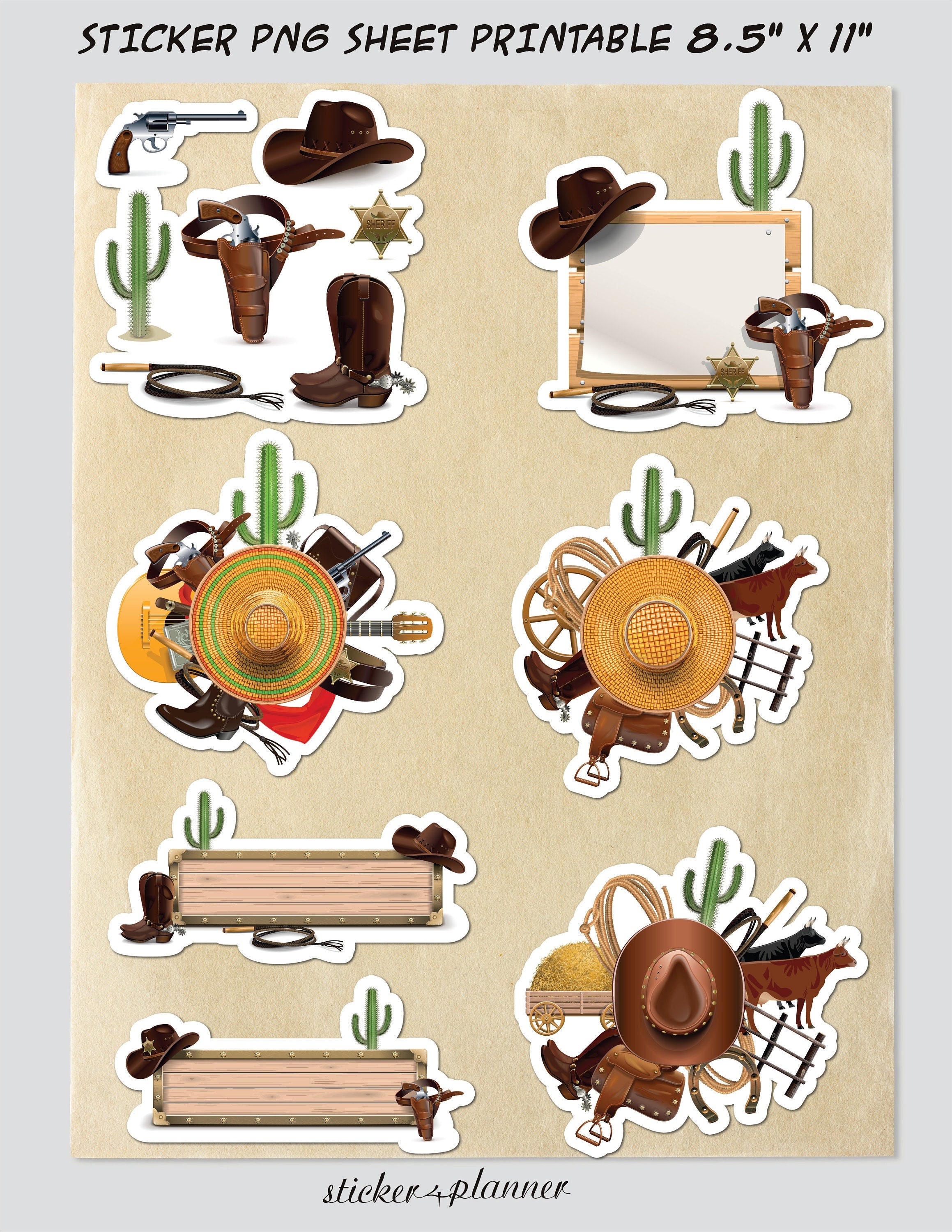 12 PNG Pages Cowboy Sticker PNG Sheet Printable Kids Room Wall - Etsy