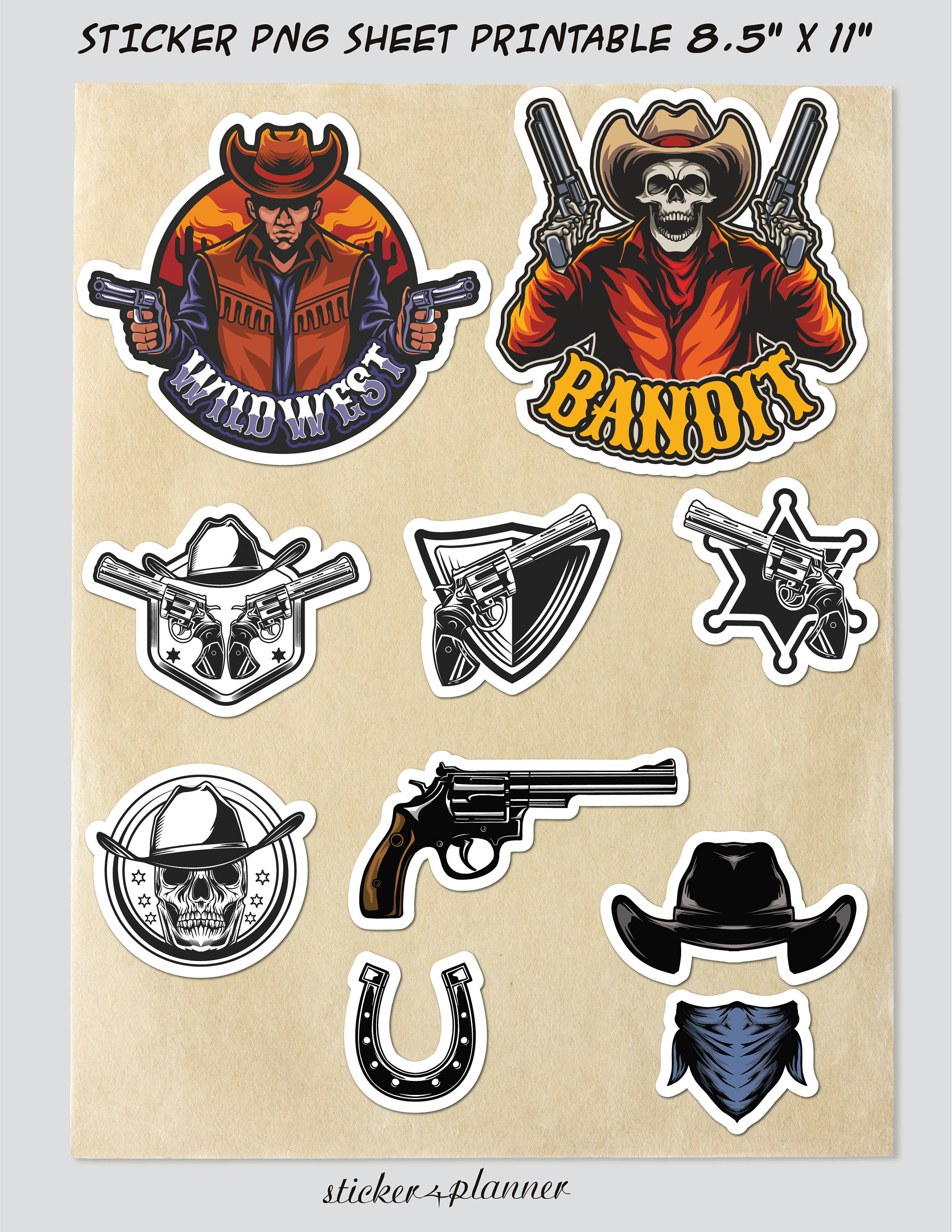 12 PNG Pages Cowboy Sticker PNG Sheet Printable Kids Room Wall - Etsy