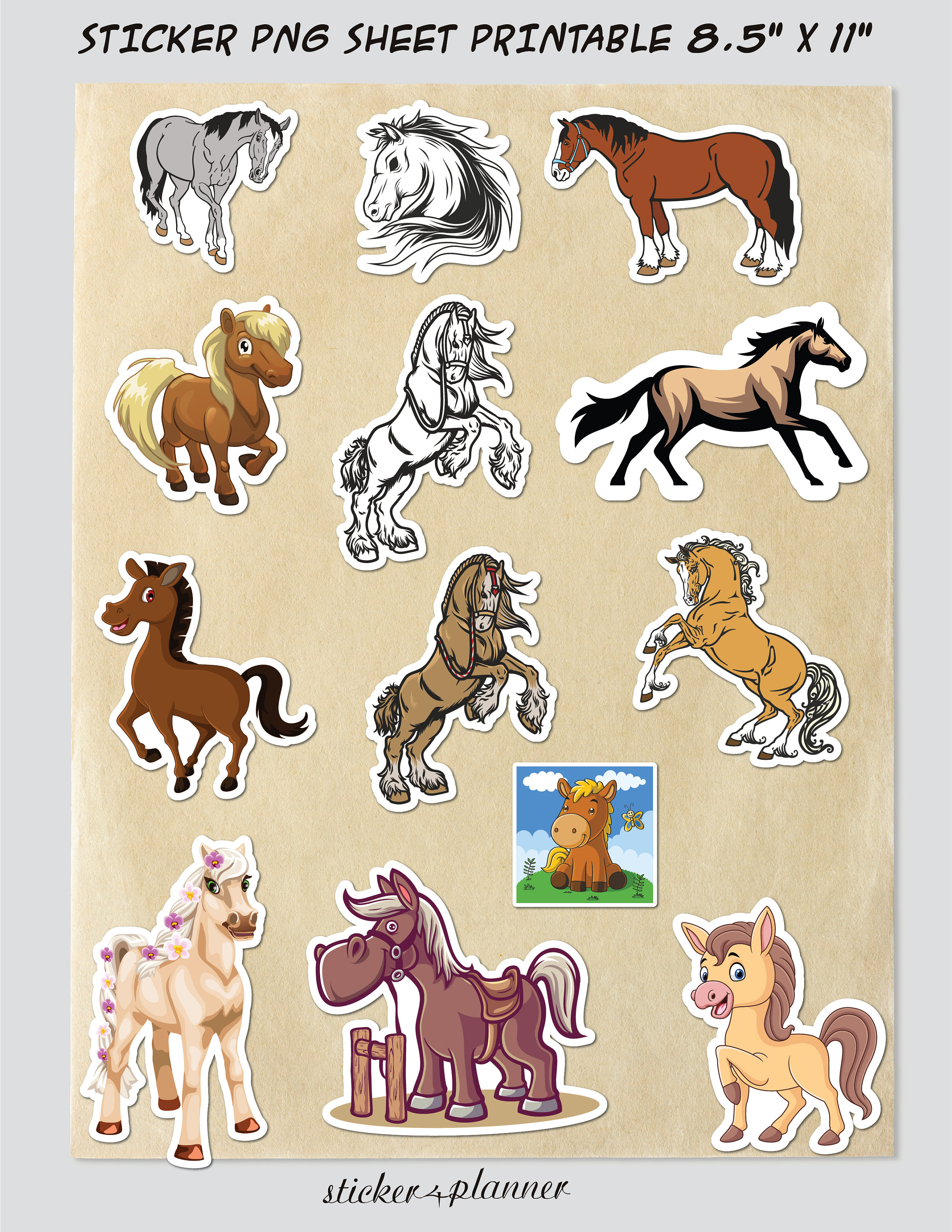 12 Page Horse Sticker PNG Sheet Printable Kids Room Wall Decor - Etsy