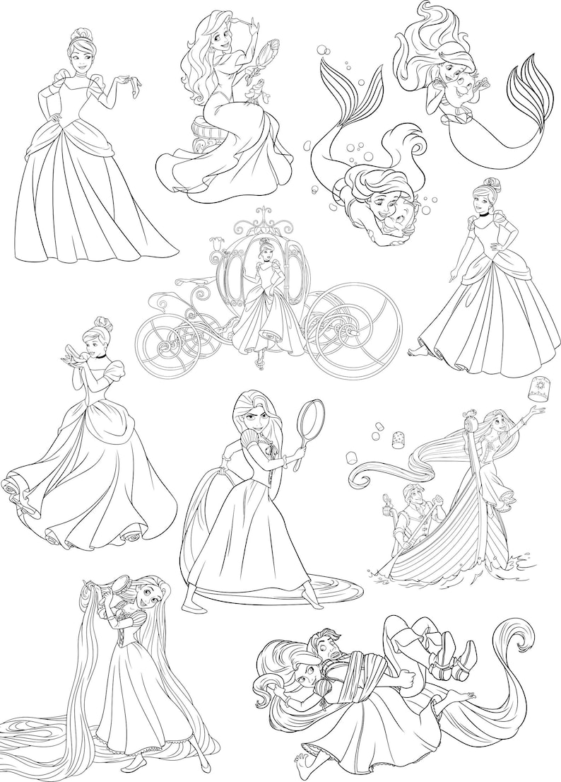 Princess Characters Outline SVG Clipart Sheet Bundle Printable - Etsy ...