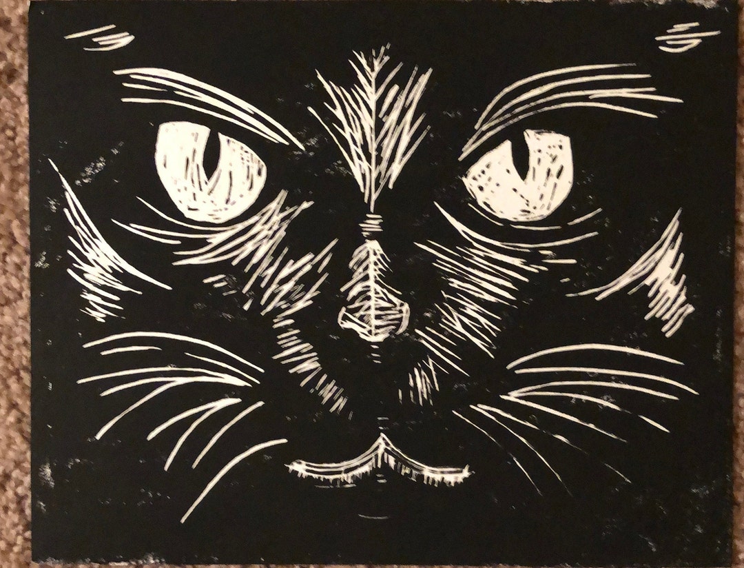 Black Cat Linocut Print 8x10 on Bristol Board - Etsy