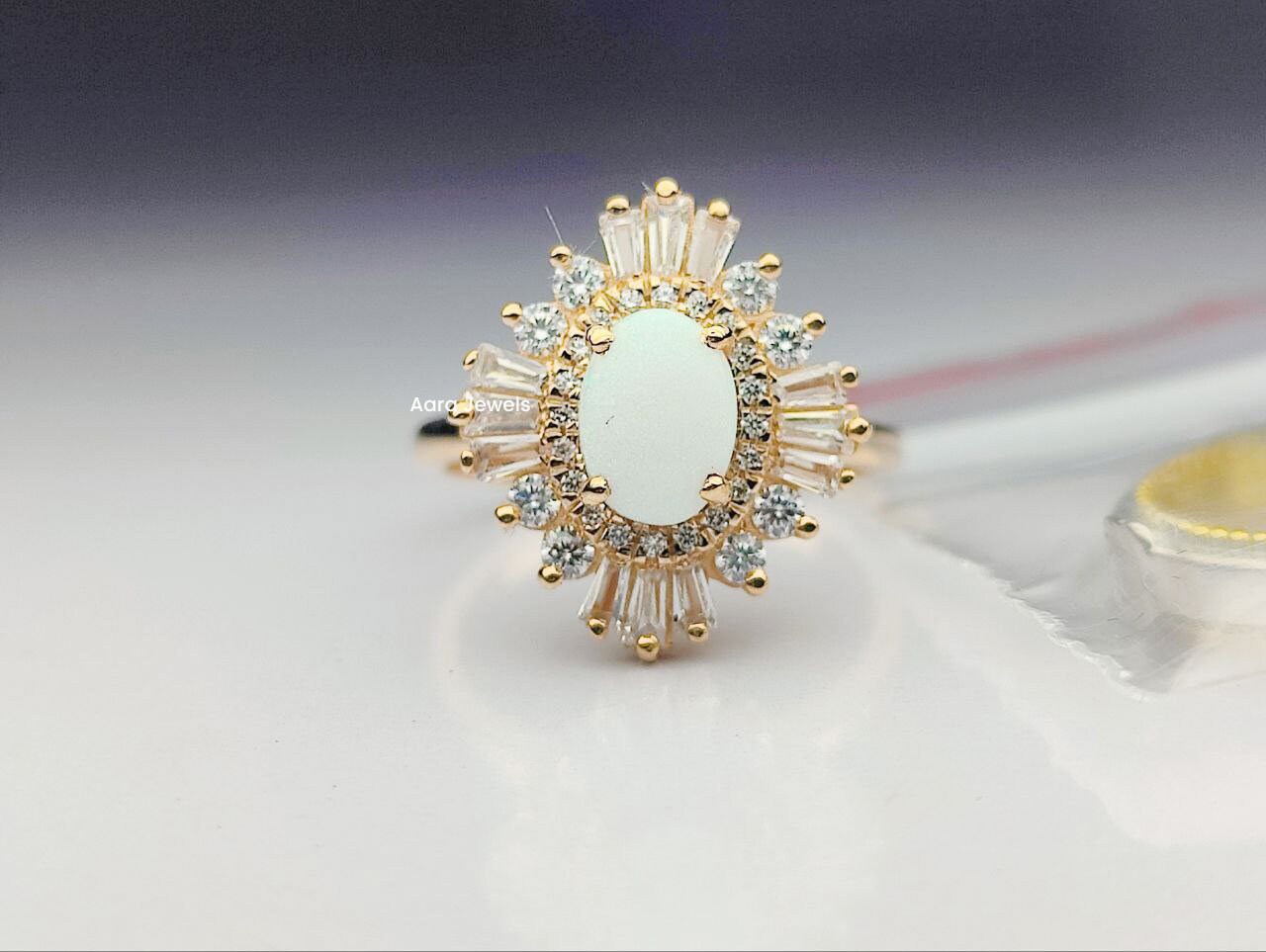 Star Burst Vintage Opal Engagement Ring Oval Cut 14k Rose Gold Diamond ...
