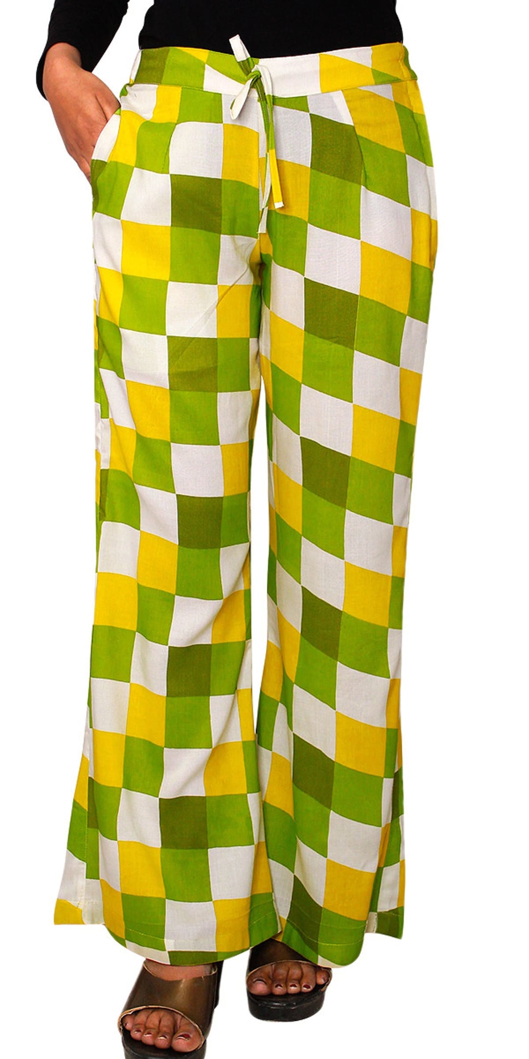 Palazzo Pant, Yellow Green & White, Check Print, With Pocket , Elastic ...