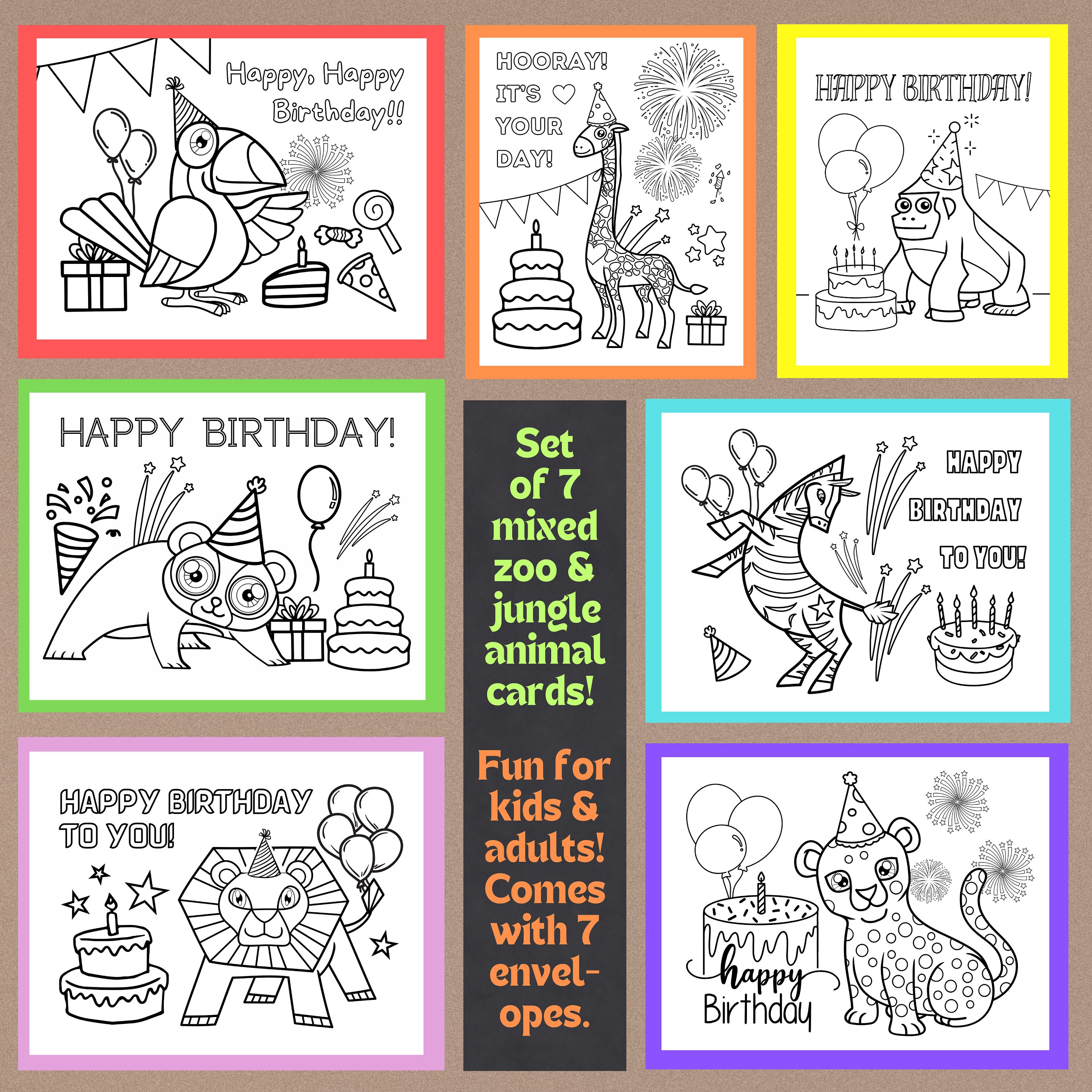 Cute Birthday Animal Coloring Card Fun Gorilla Jungle & Zoo Coloring ...