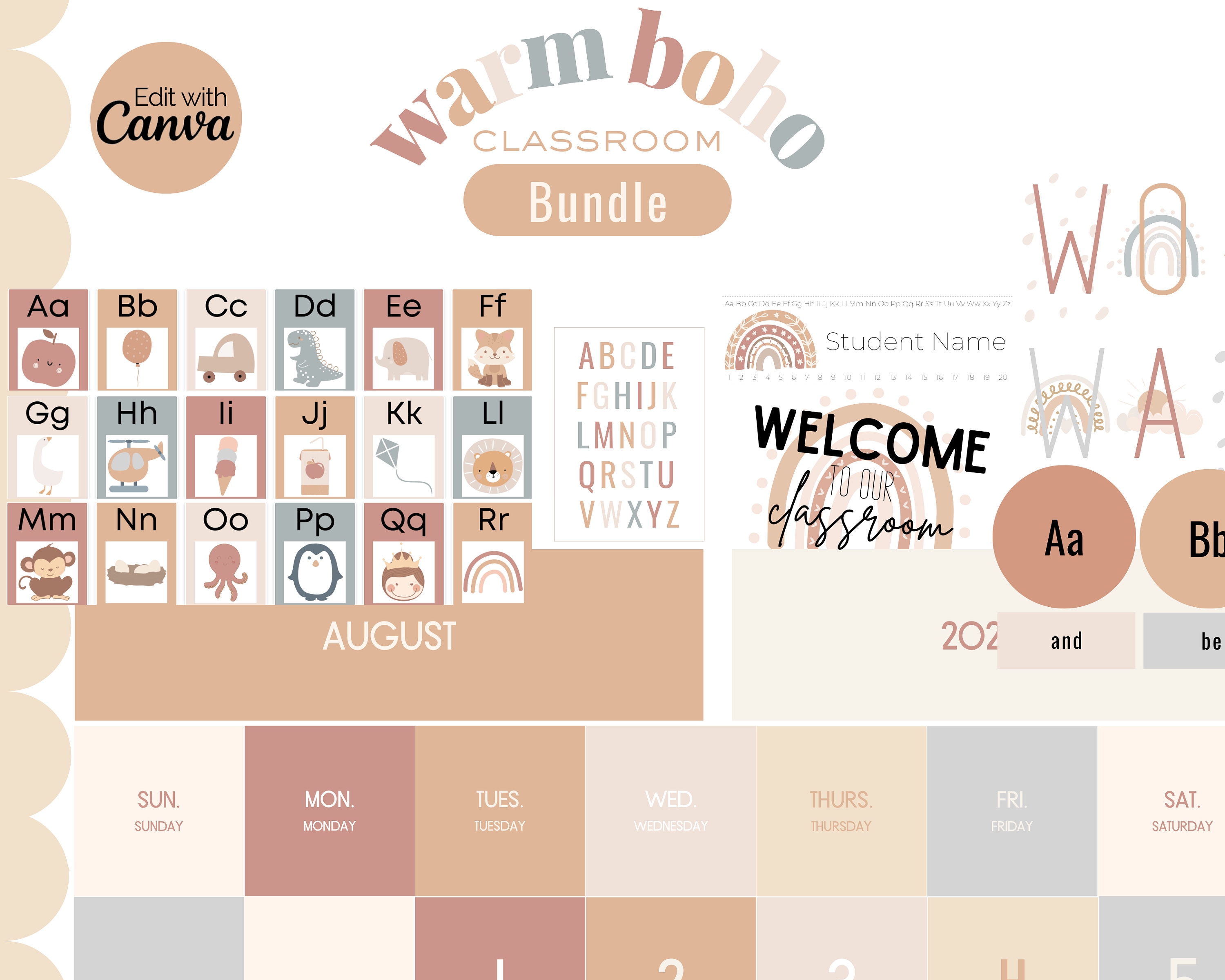 Editable Warm Boho Classroom Decor Bundle Digital Print Neutral Rainbow ...