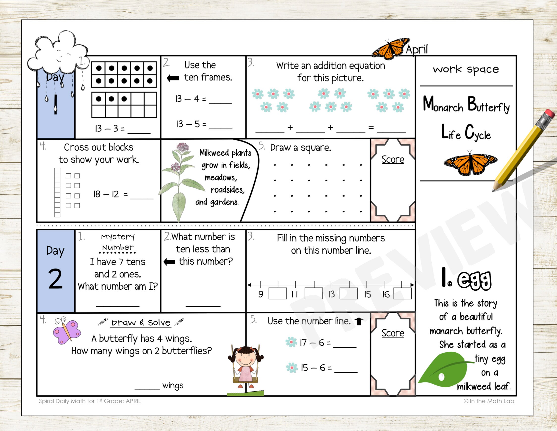 1st Grade Spiral Daily Math Practice Printable Worksheet Packet APRIL ...