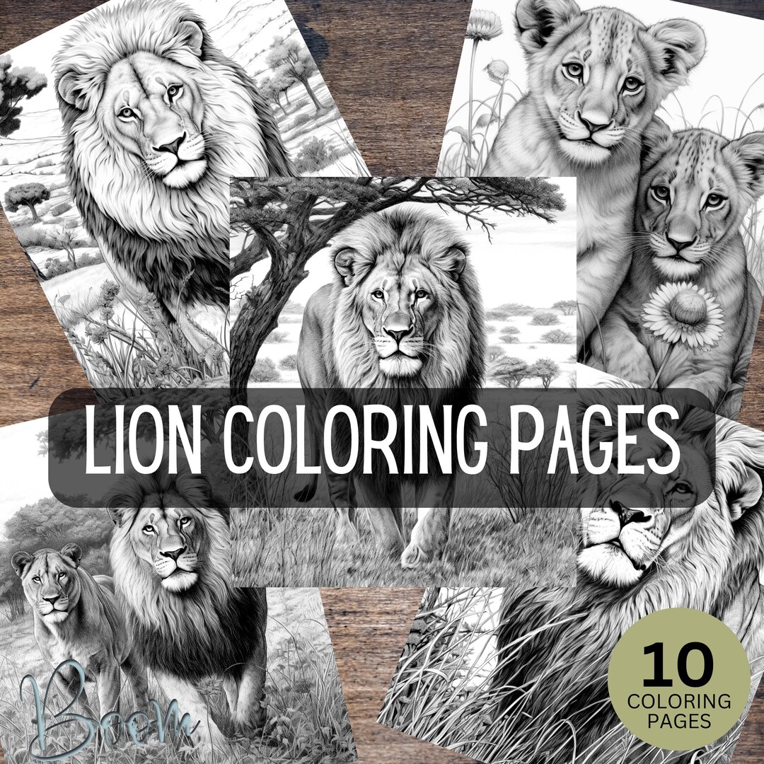 Lion Coloring Pages 10 Realistic Greyscale Lions Coloring - Etsy