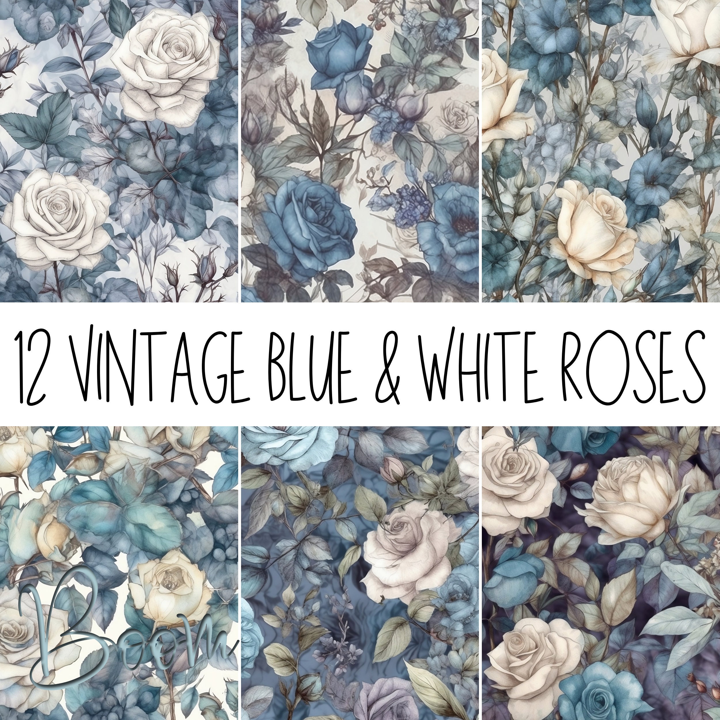 Vintage Style Blue and White Roses Digital Paper Seamless - Etsy