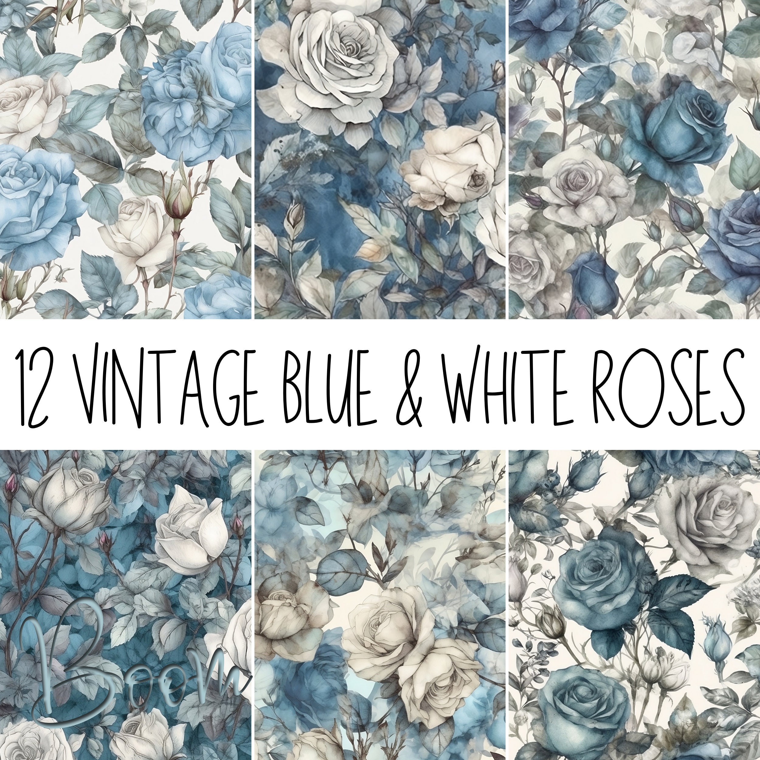 Vintage Style Blue and White Roses Digital Paper Seamless - Etsy