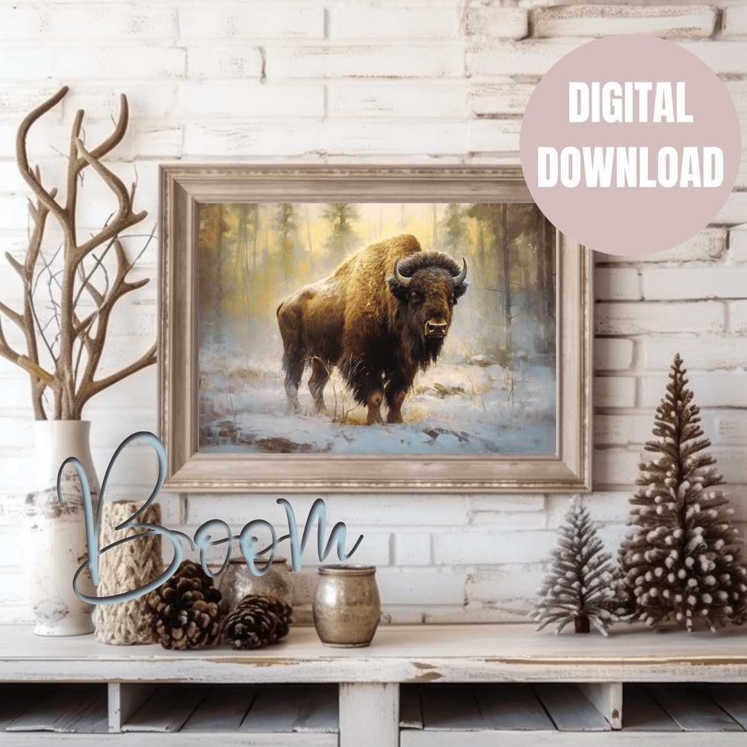 Bison Print, Winter Wildlife Scene, Bison Winter Scene Print, Bison in ...
