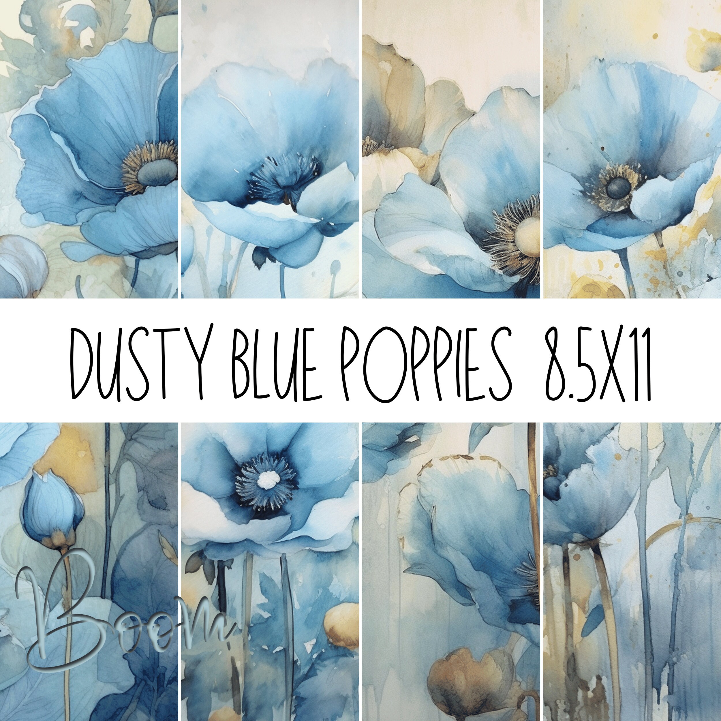 Dusty Blue Poppies Papers, 8.5 X 11, Scrapbook Paper, Scrapbooking ...