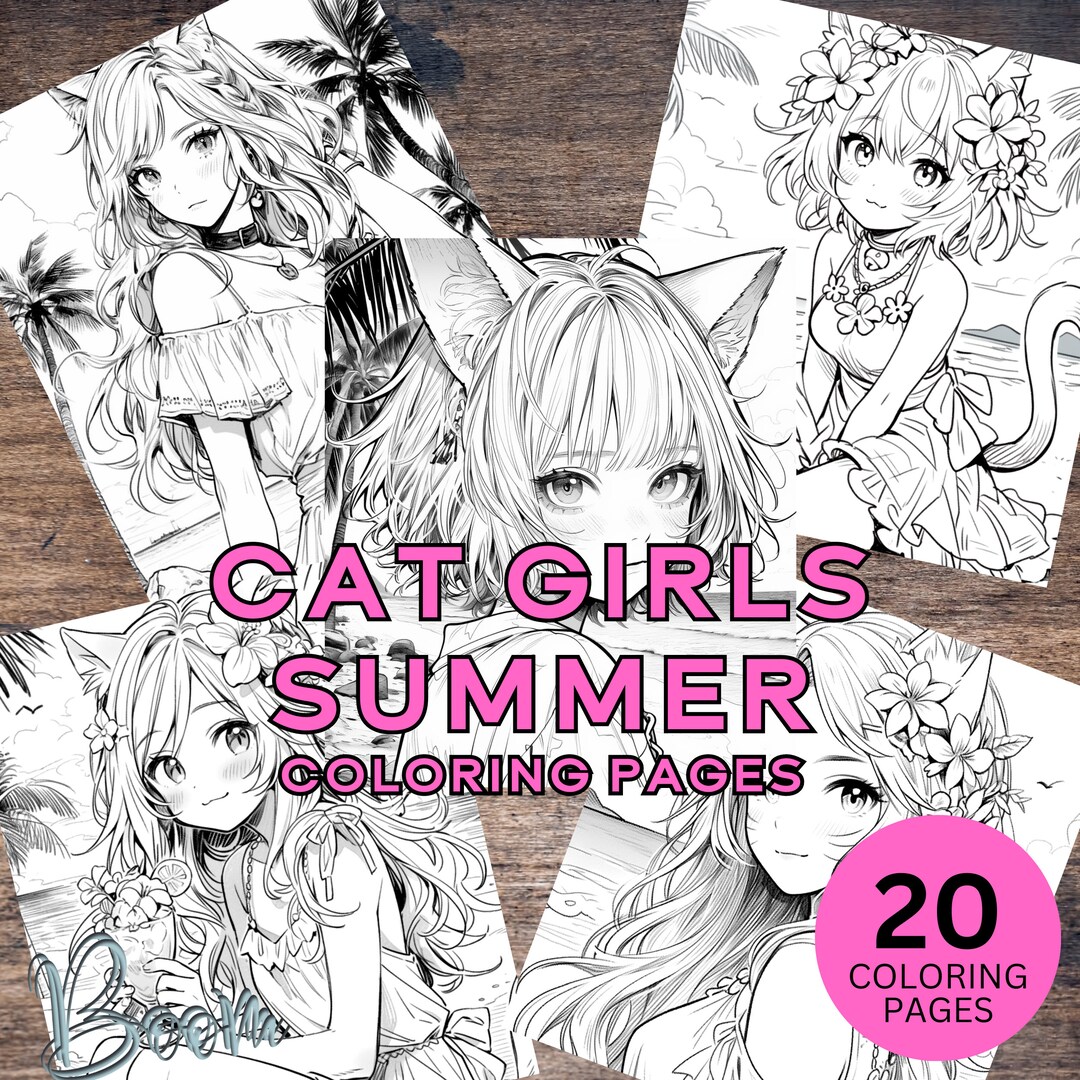 Cat Girls Summer for Teens or Adults, Anime Coloring Pages, 20 Cat ...