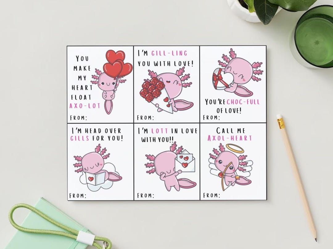 Adorable Axolotl Valentines Day Card Printable Set 6 Punny Designs - Etsy