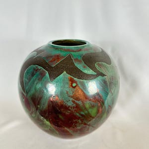 Raku Emerald Green & Copper Carved Design Vase 8x7 - Etsy