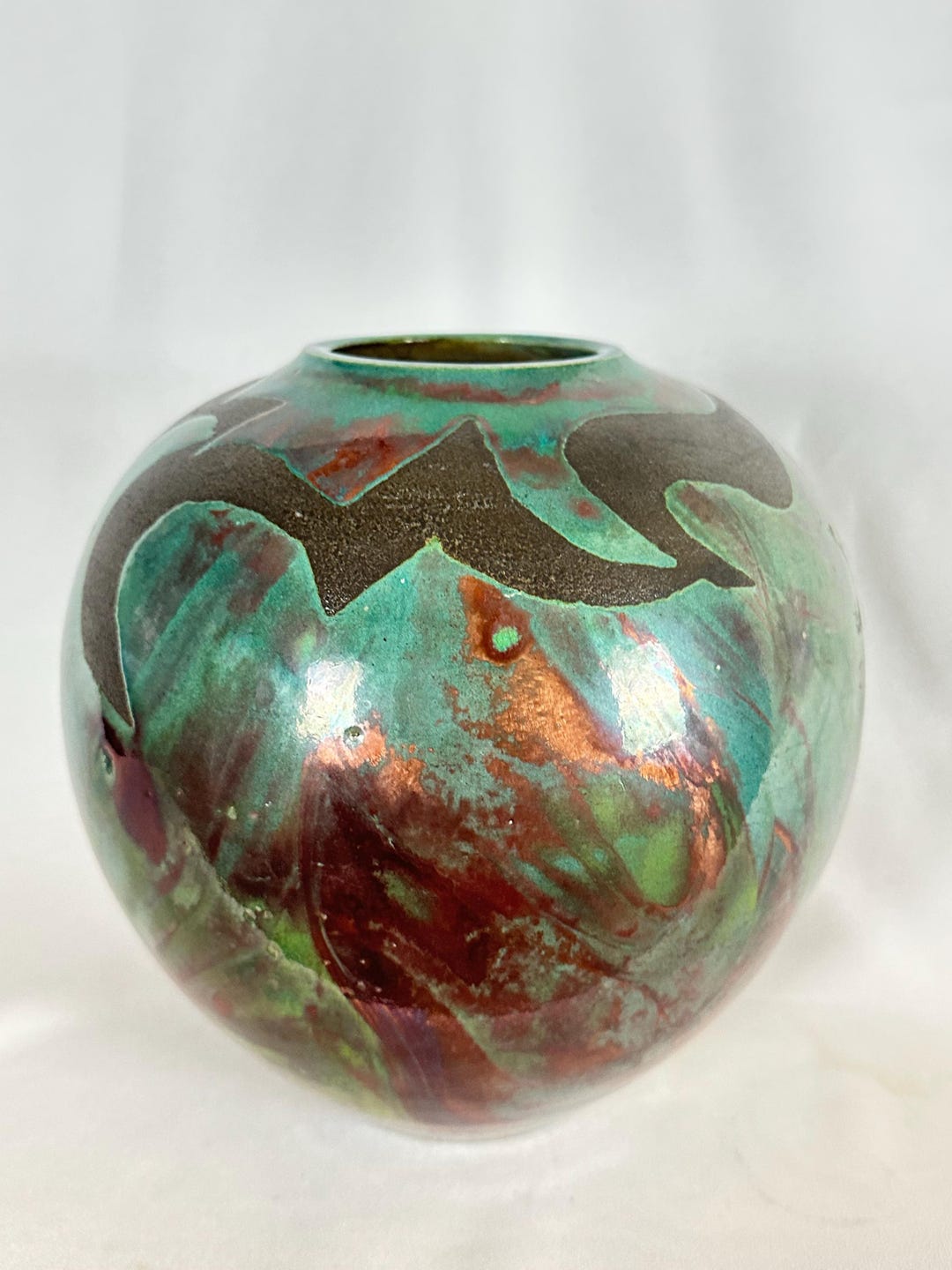 Raku Emerald Green & Copper Carved Design Vase 8x7 - Etsy