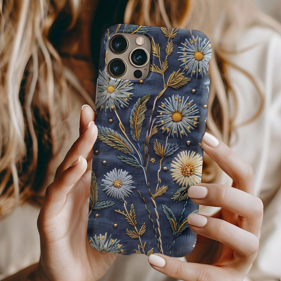 Faux Embroidery Daisy Denim Phone Case for iPhone 16 15 14 Pro Max, 13 ...