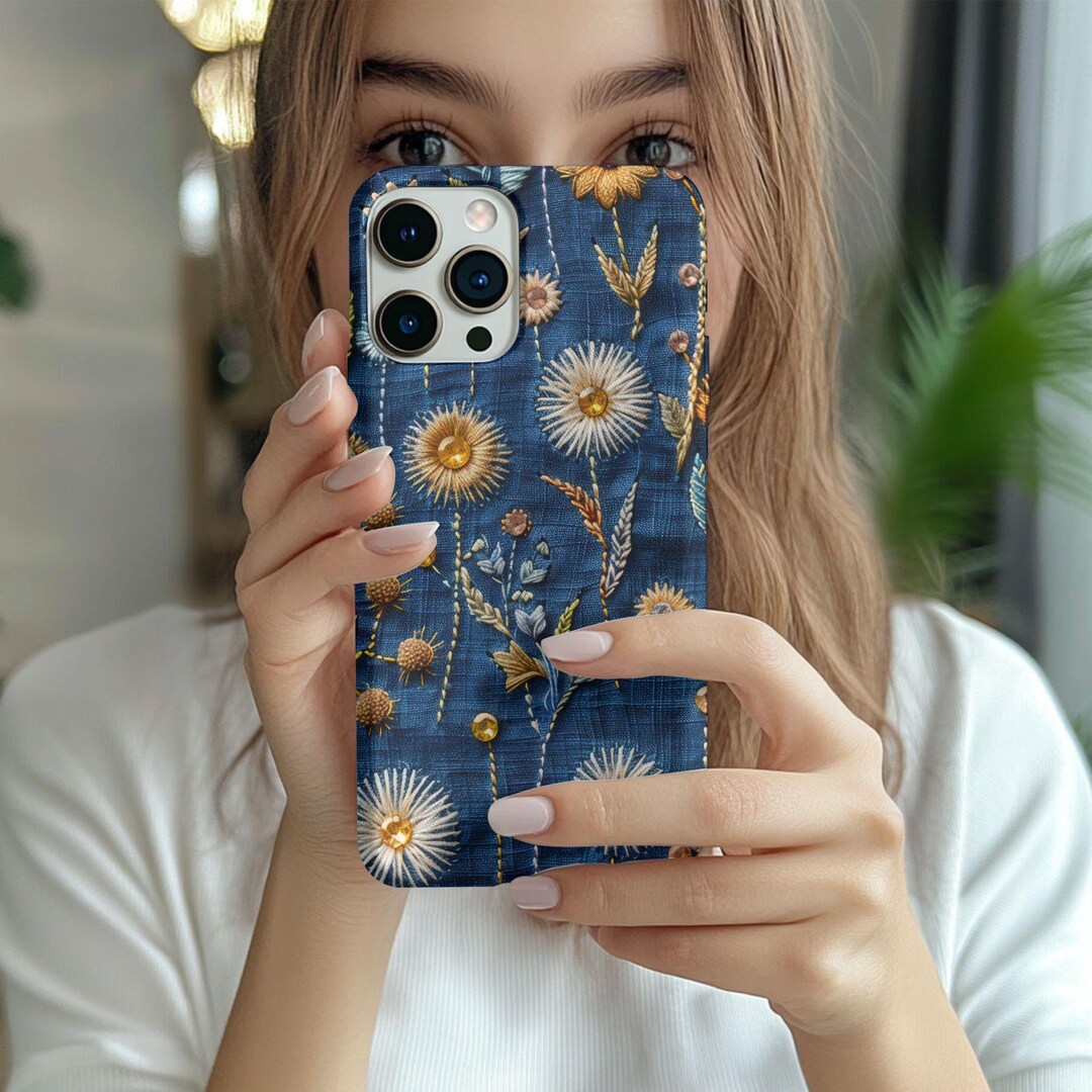 Faux Embroidery Daisy Denim Phone Case for iPhone 16 15 14 Pro Max, 13 ...