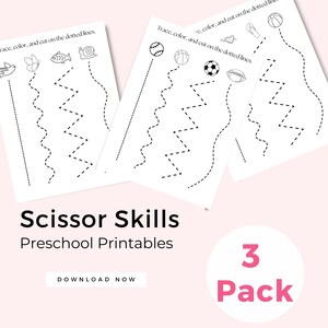 Scissor Skills for Preschool Printables, 3 Pack Worksheets B&W, Cutting ...