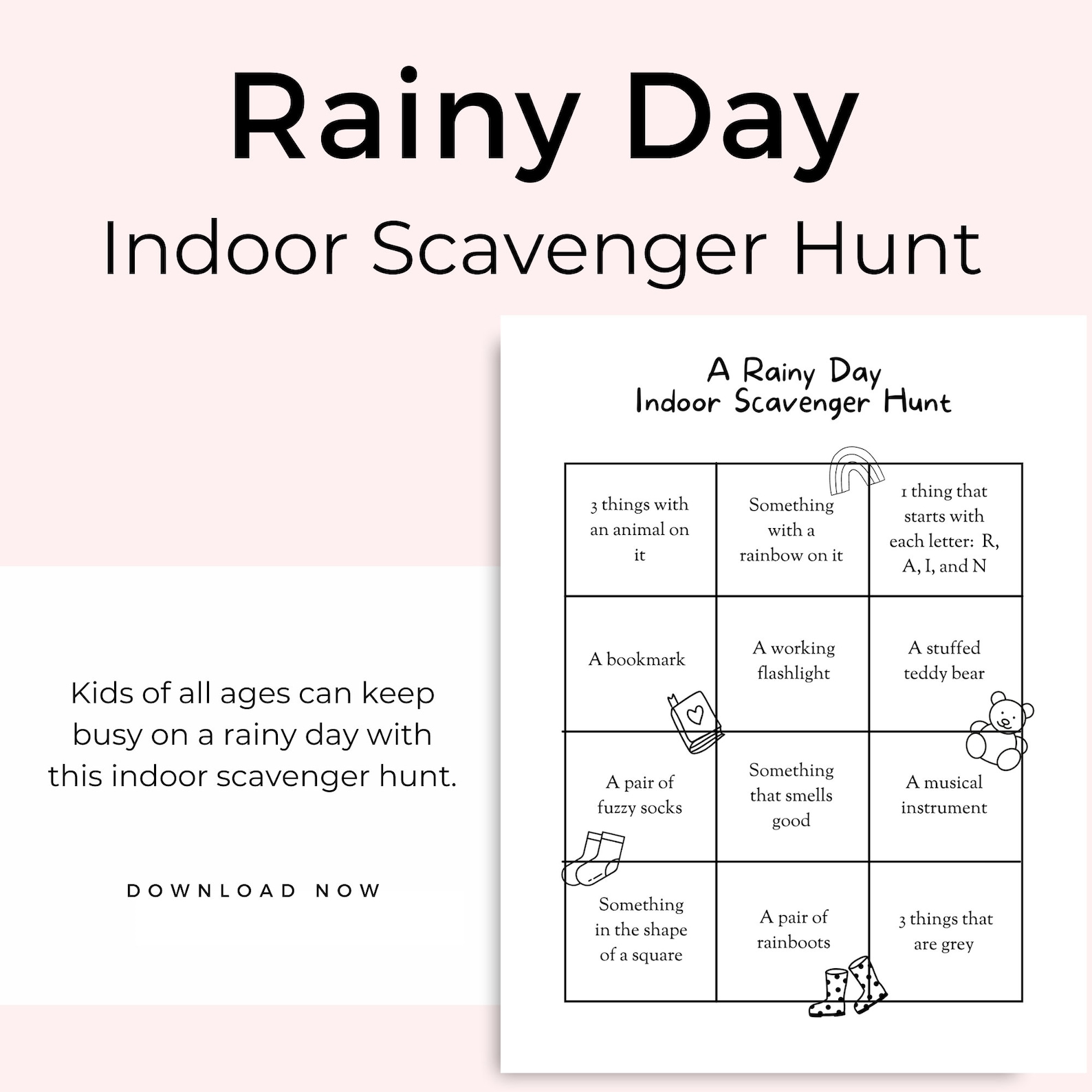 Rainy Day Scavenger Hunt Printable for Kids Black and White, Indoor ...