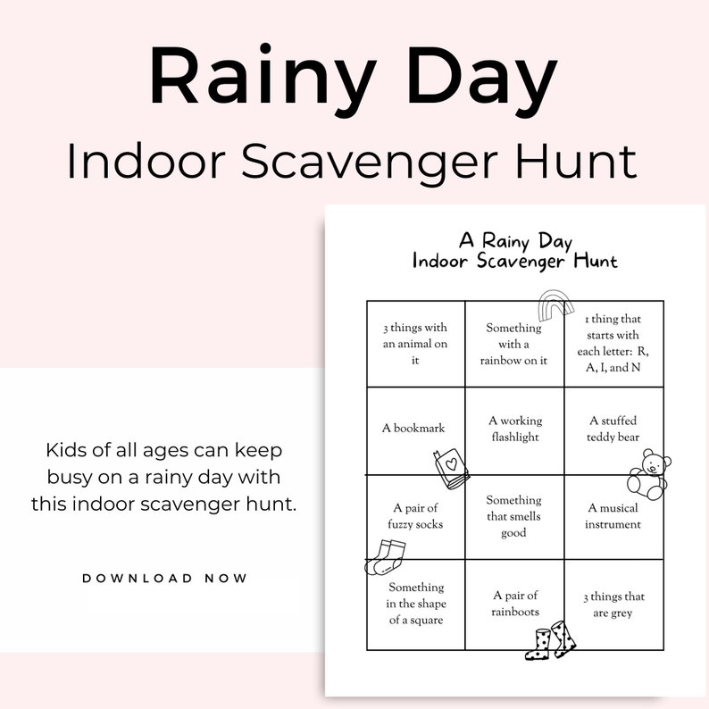 Rainy Day Scavenger Hunt Printable for Kids Black and White, Indoor ...