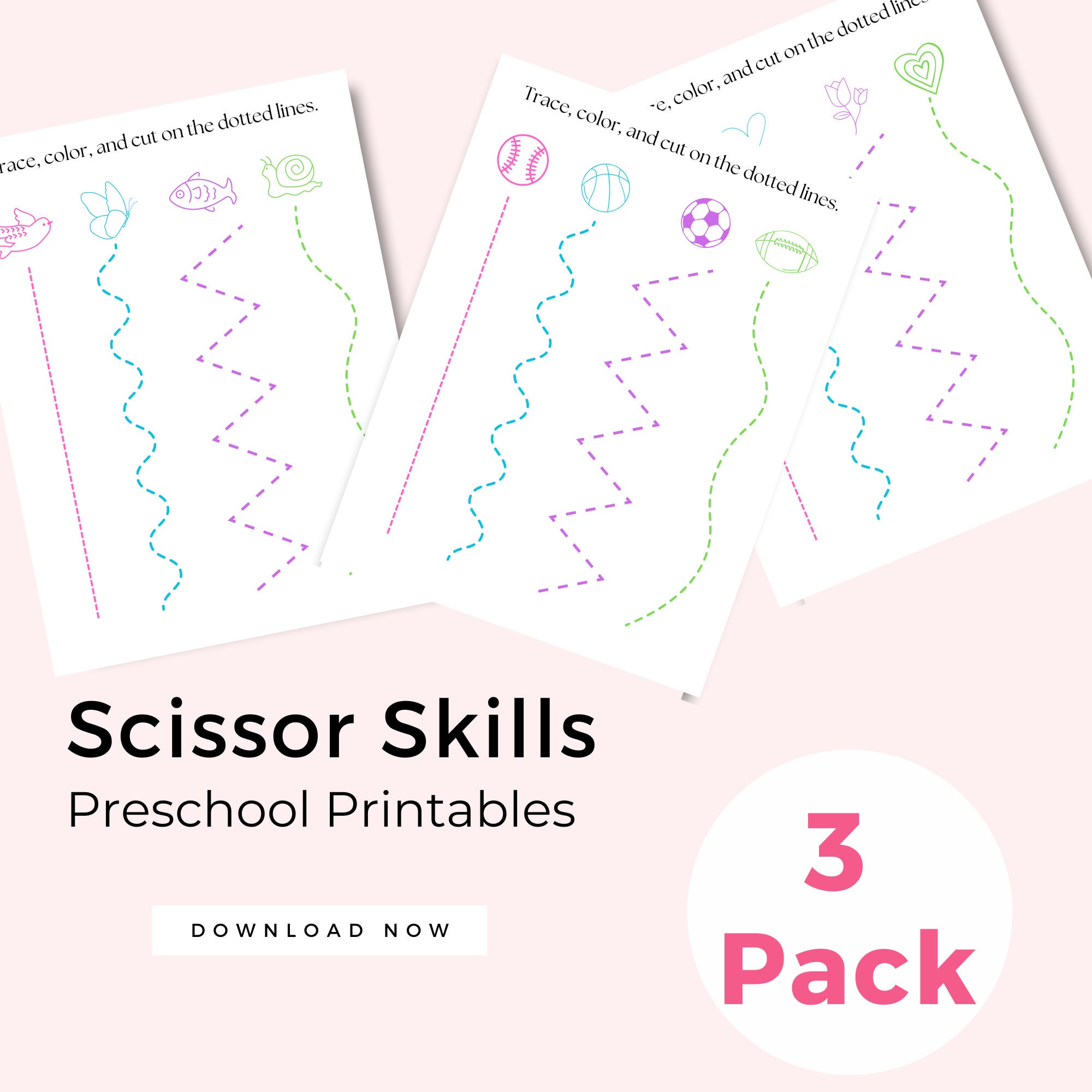 Scissor Skills for Preschool Printables, 3 Pack Worksheets Color ...