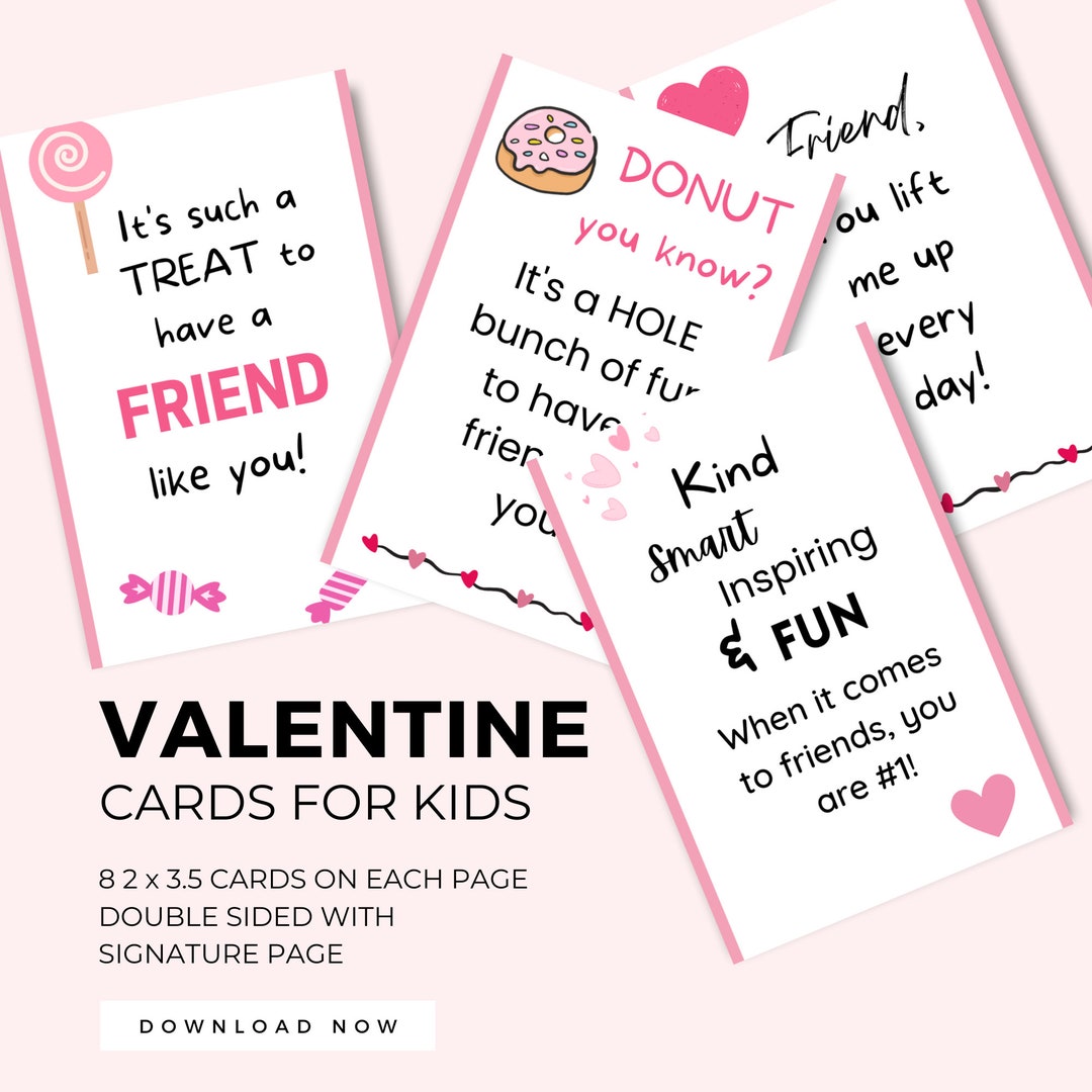 Pink Valentine's Day Cards for Kids, Instant Printable, Classroom ...