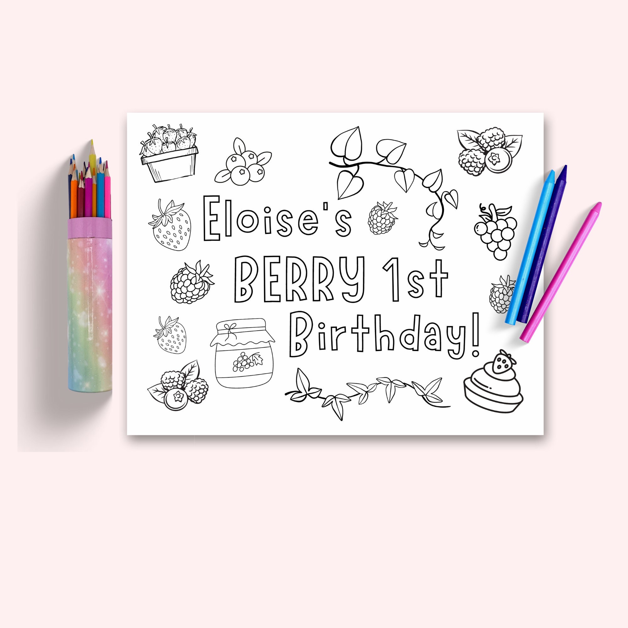 Personalized Berry 1st Birthday Coloring Page, One Year Old Birthday ...
