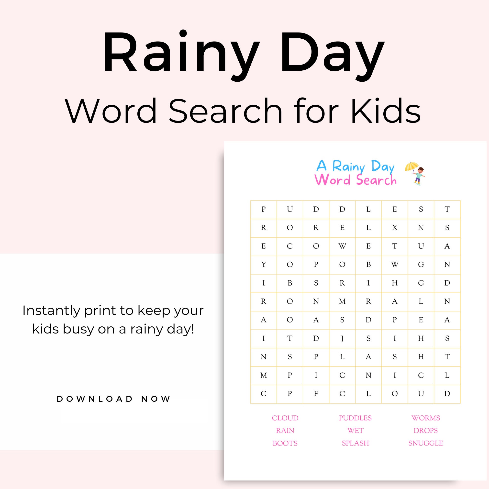 Rainy Day Word Search Printable for Kids, Rainy Day Kid Activity ...