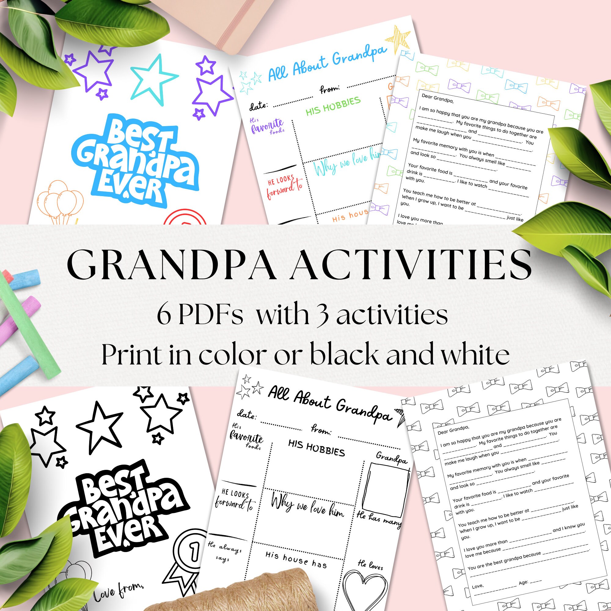 Grandpa Father's Day Coloring Pages, 3 Pages Black and White and ...