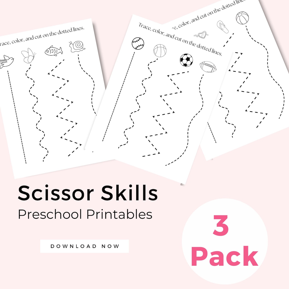 Scissor Skills for Preschool Printables, 3 Pack Worksheets B&W, Cutting ...