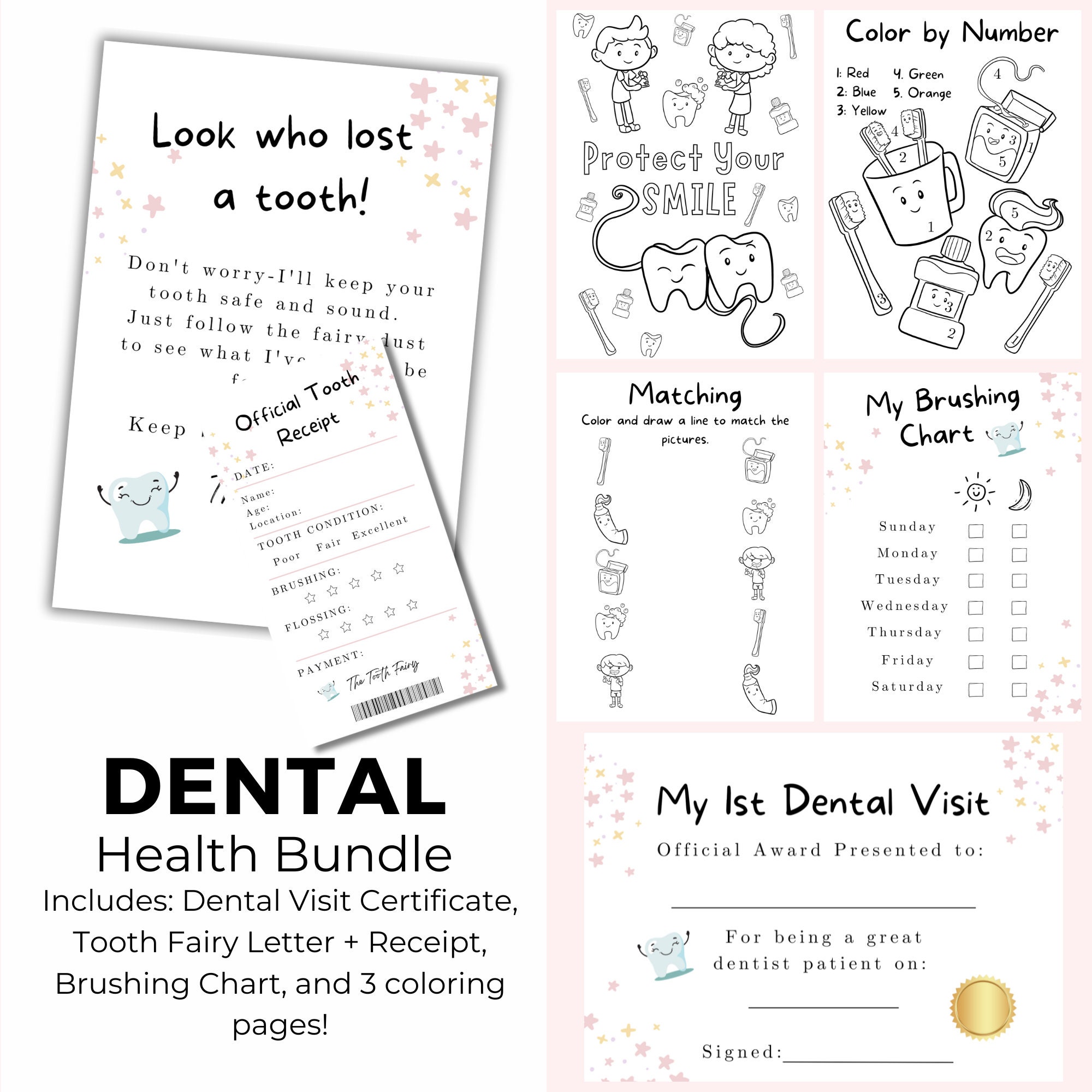Dental Health Printable Activities for Kids 6 Pack, Tooth Fairy Letter ...