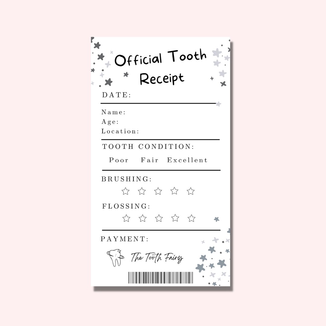 Tooth Fairy Receipt for Kids Printable, 3.5 X 6.5'' Black and White ...