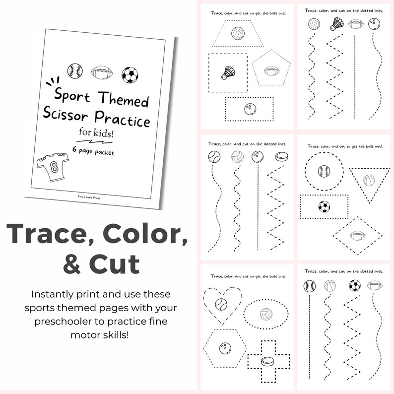 Preschool Scissor Skills Printable Worksheet Black and White Sports ...