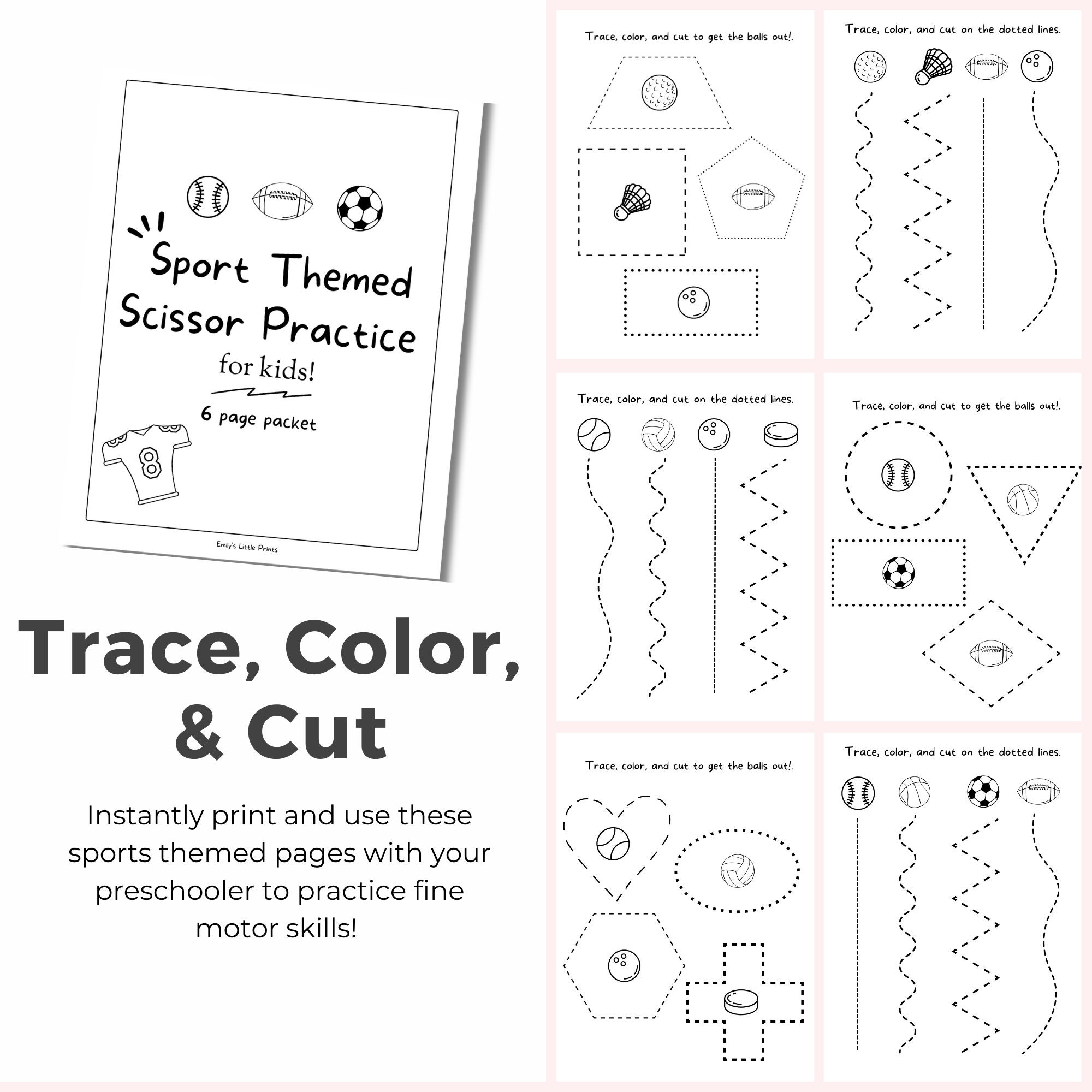 Preschool Scissor Skills Printable Worksheet Black and White Sports ...