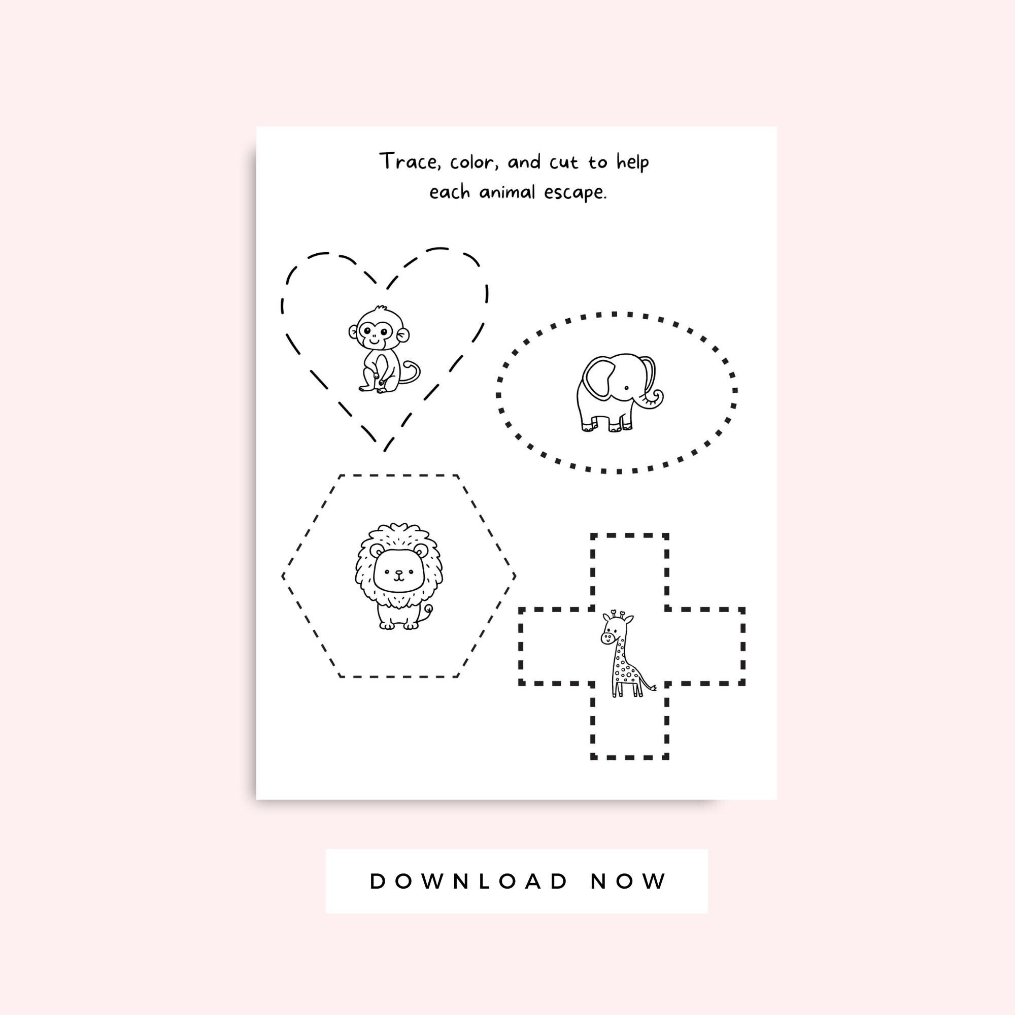 Jungle Animals Preschool Cutting and Tracing Shapes Practice, Black and ...