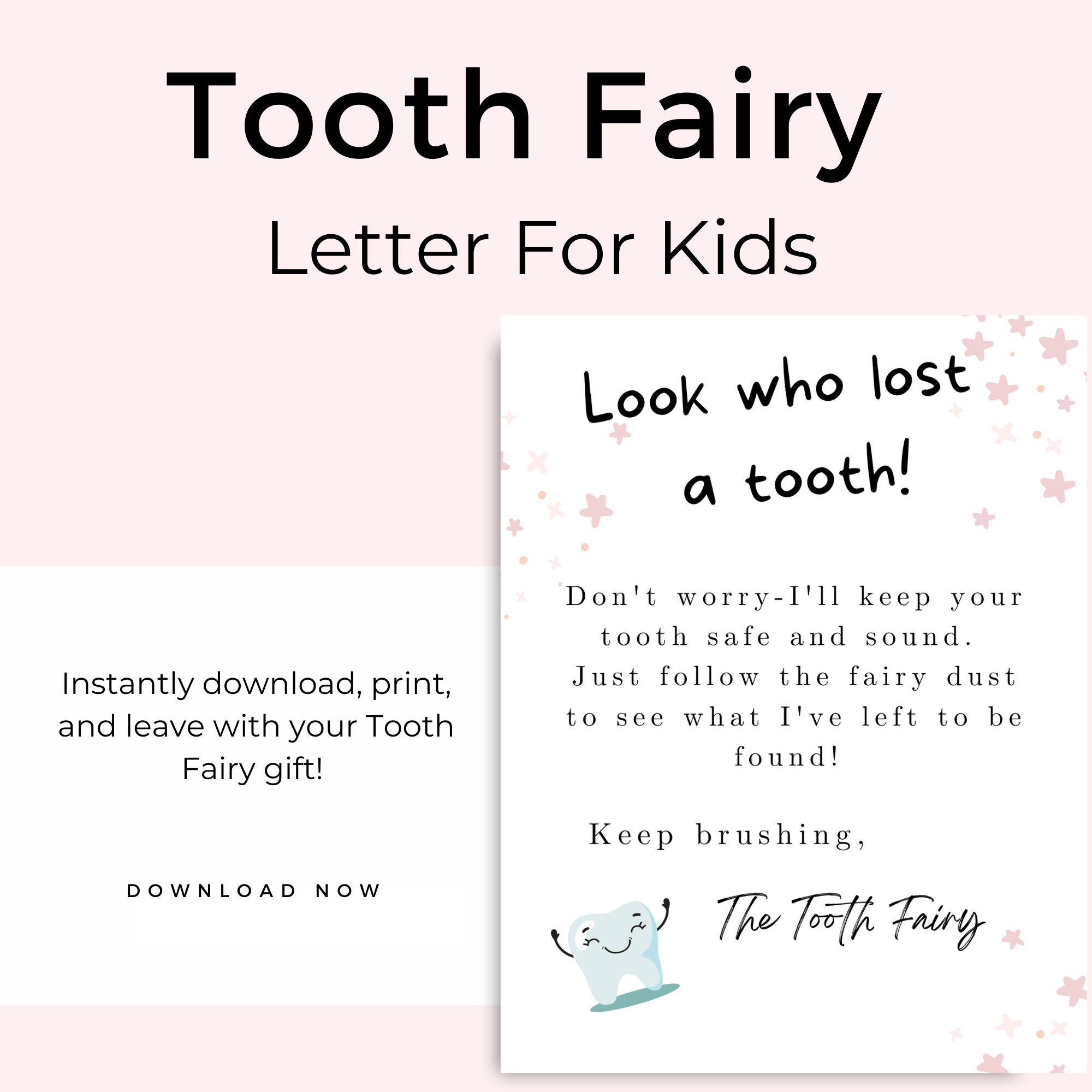 Tooth Fairy Letter for Kids Printable, Pink Stars Tooth Fairy Note ...