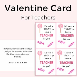 Pink Treat Valentine's Day Cards for Teachers, Printable Card, Teacher ...