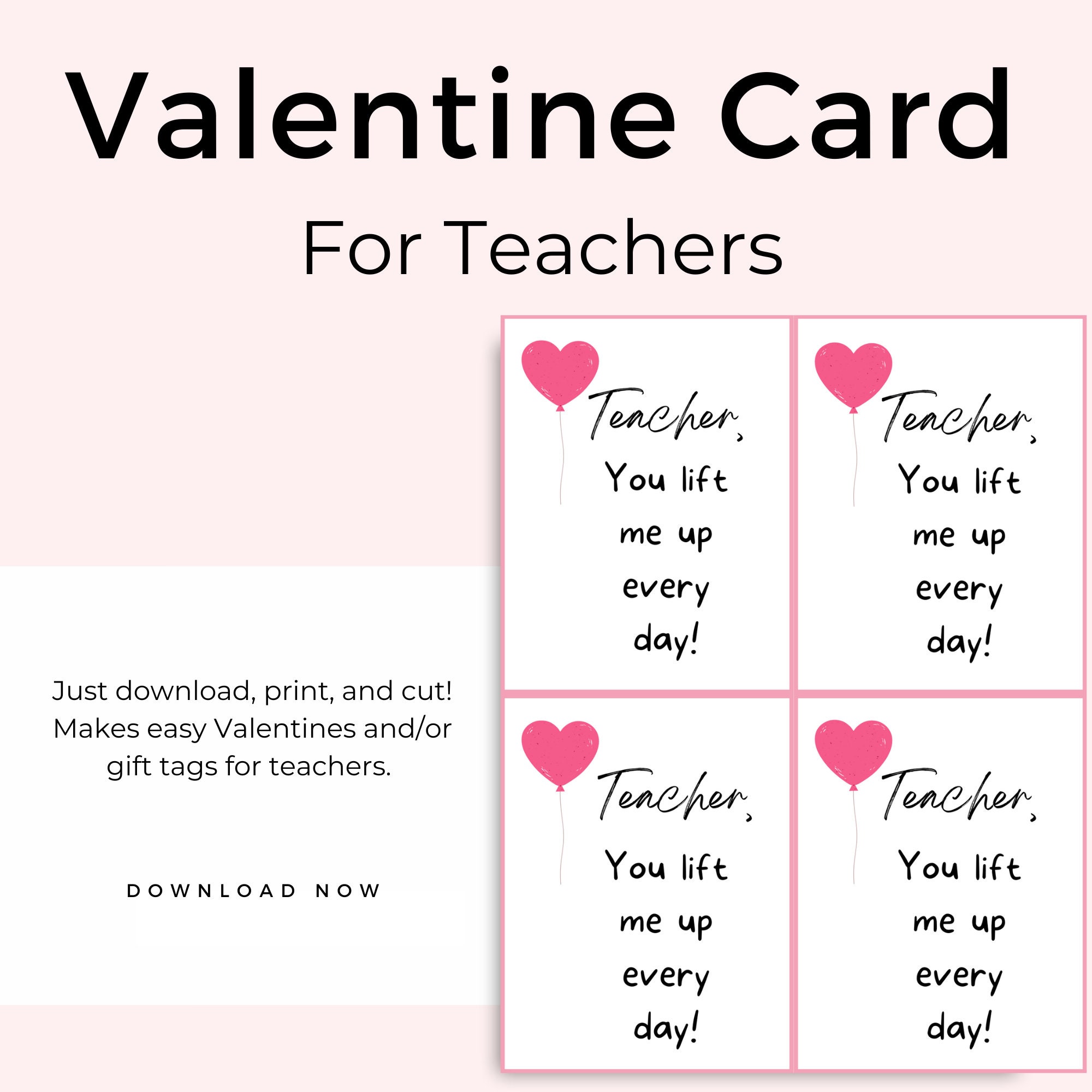 Pink Balloon Valentine's Day Cards for Teachers, Printable Card ...