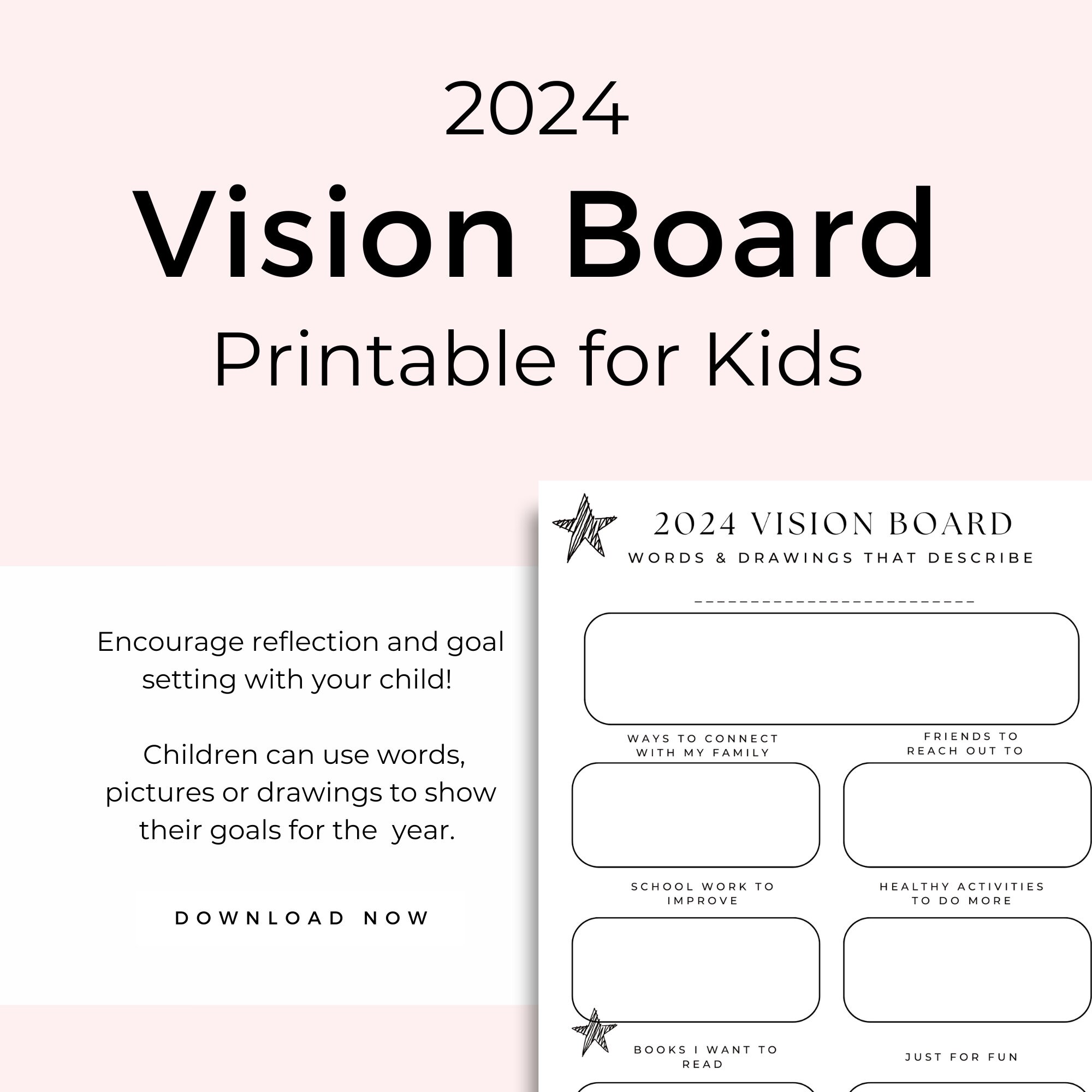 2024 Vision Board Printable for Kids, New Years Eve Coloring Page, New ...