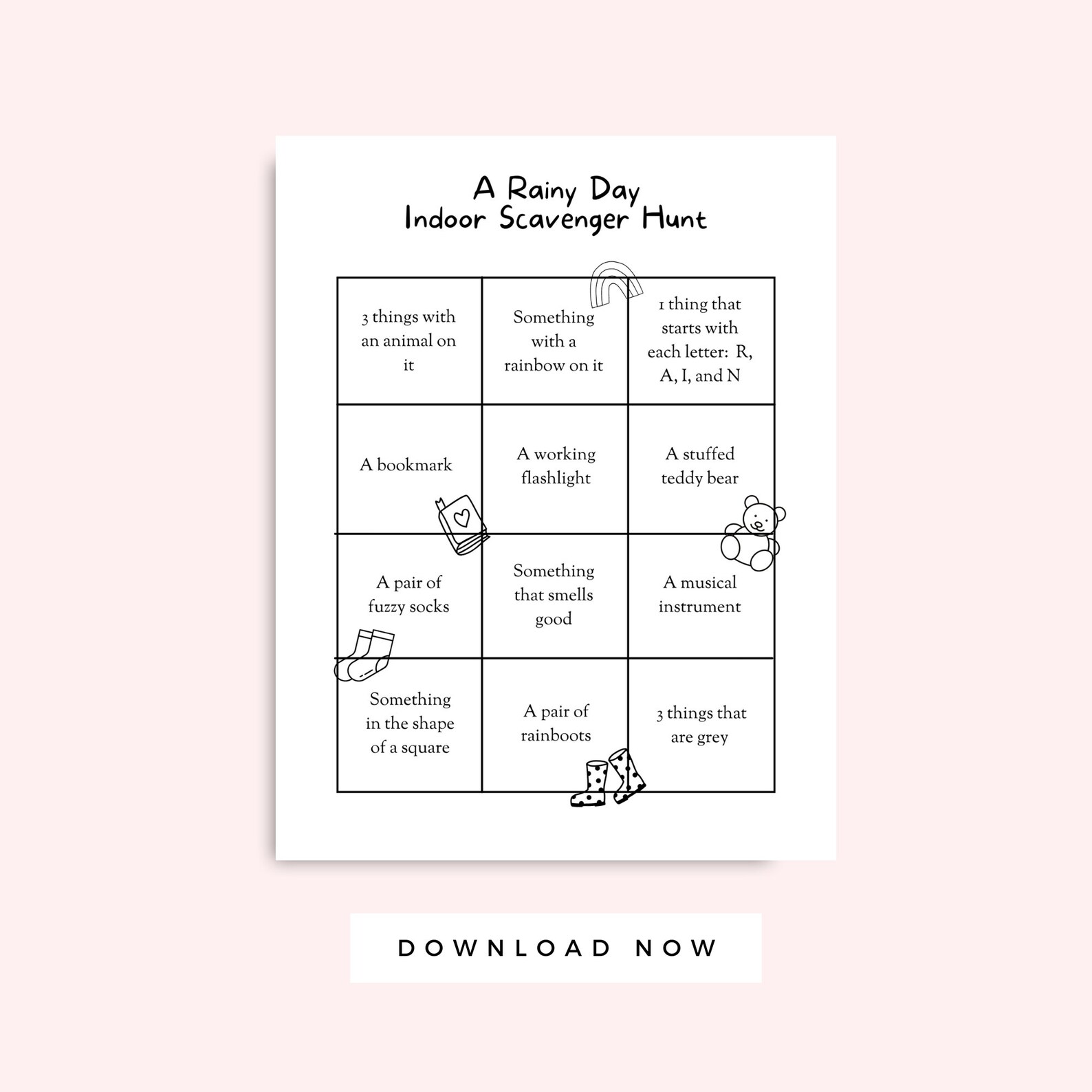Rainy Day Scavenger Hunt Printable for Kids Black and White, Indoor ...
