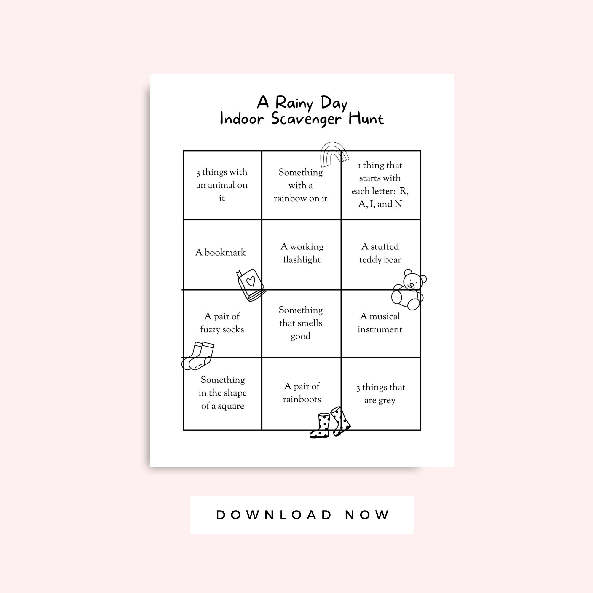Rainy Day Scavenger Hunt Printable for Kids Black and White, Indoor ...