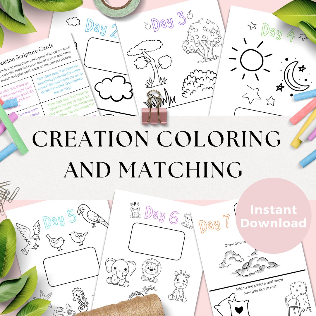 Creation Days Coloring Pages Matching Activity, 7 Days of Creation ...