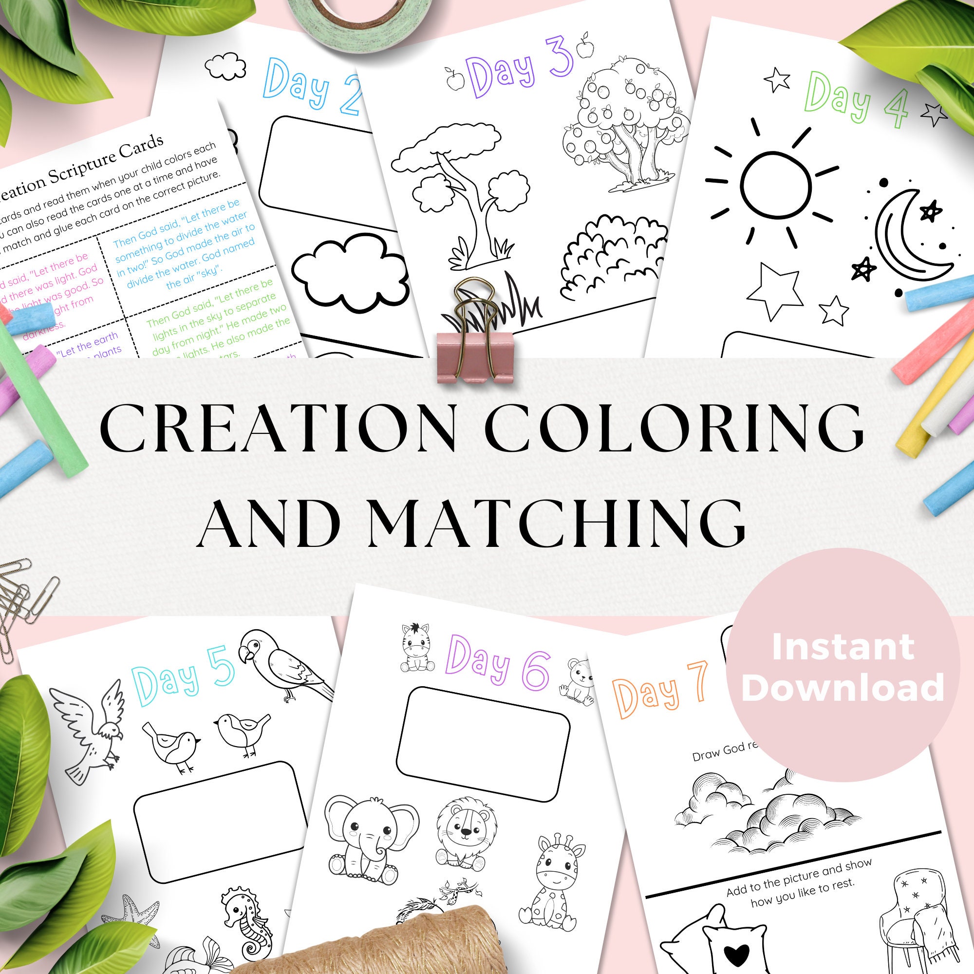 Creation Days Coloring Pages Matching Activity, 7 Days of Creation ...