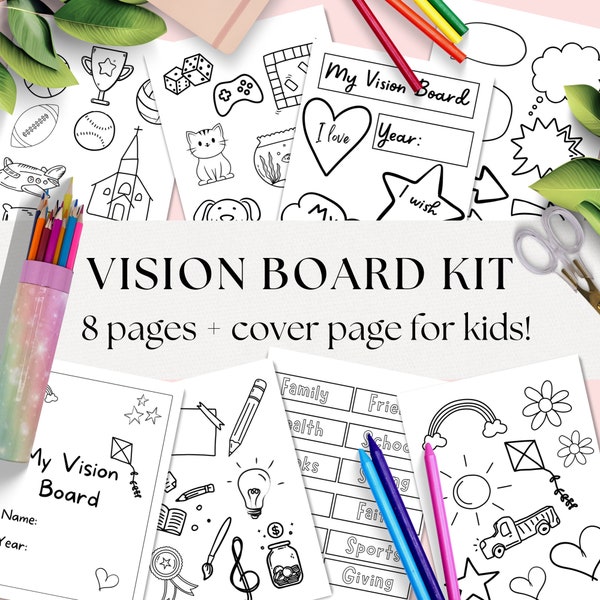 2024 Vision Board Printable for Kids, New Years Eve Coloring Page, New ...