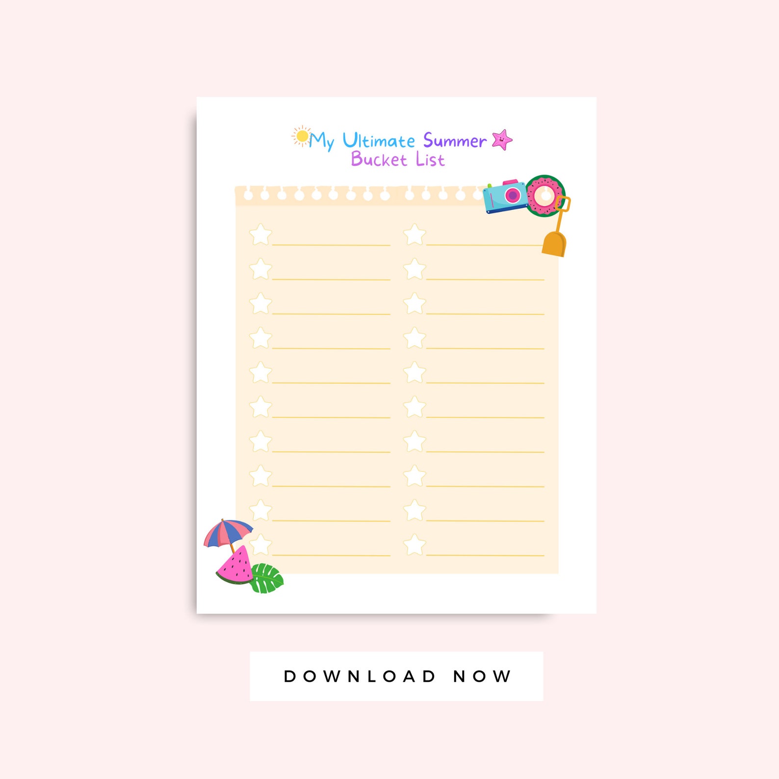 Summer Bucket List for Kids Printable Worksheet, Summer Themed Instant ...