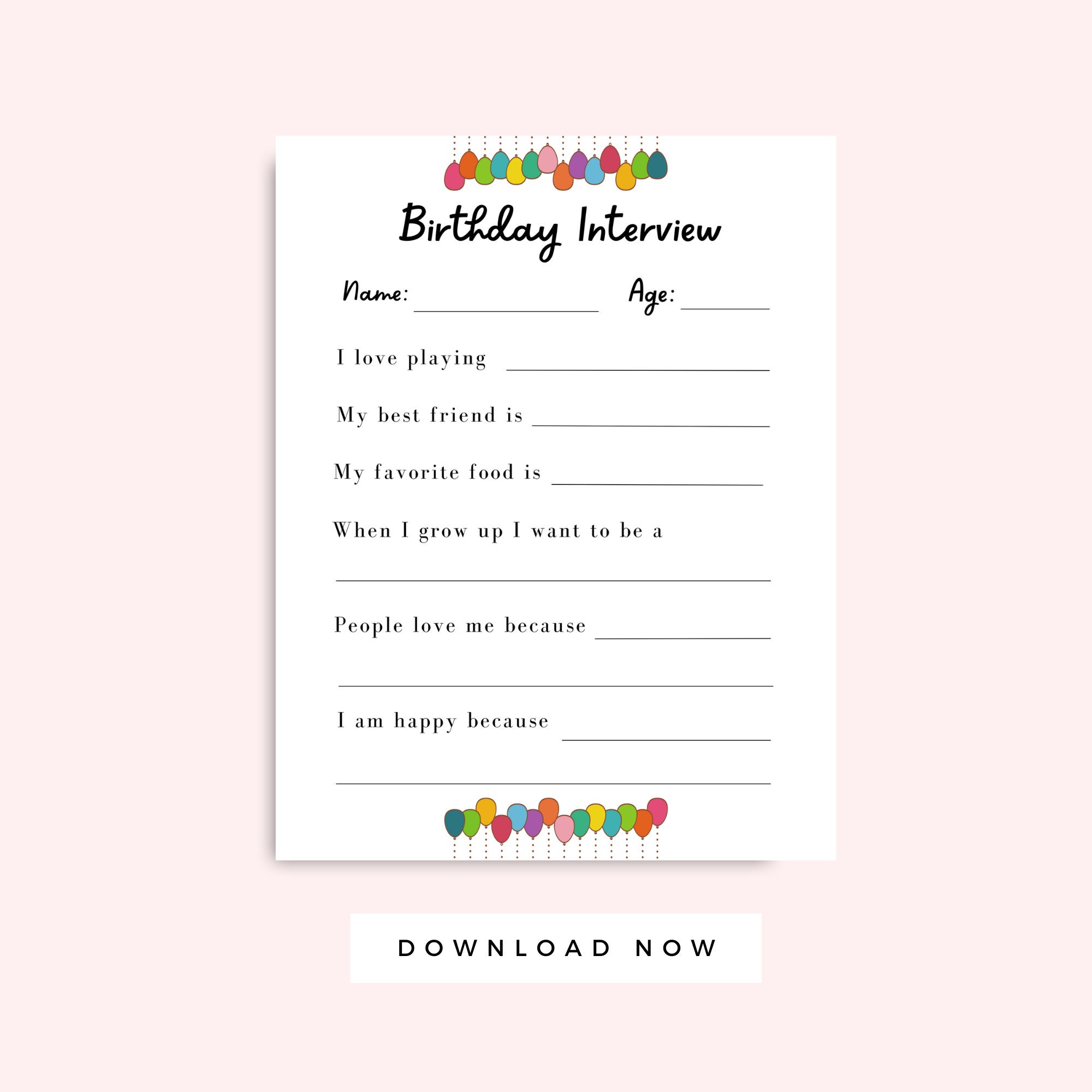 Birthday Interview Kids Printable, Kid Birthday Questionnaire, Instant ...