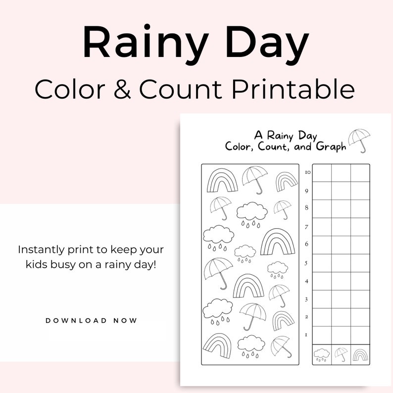 Rainy Day Activity Printable for Kids, Color Count and Graph Worksheet ...